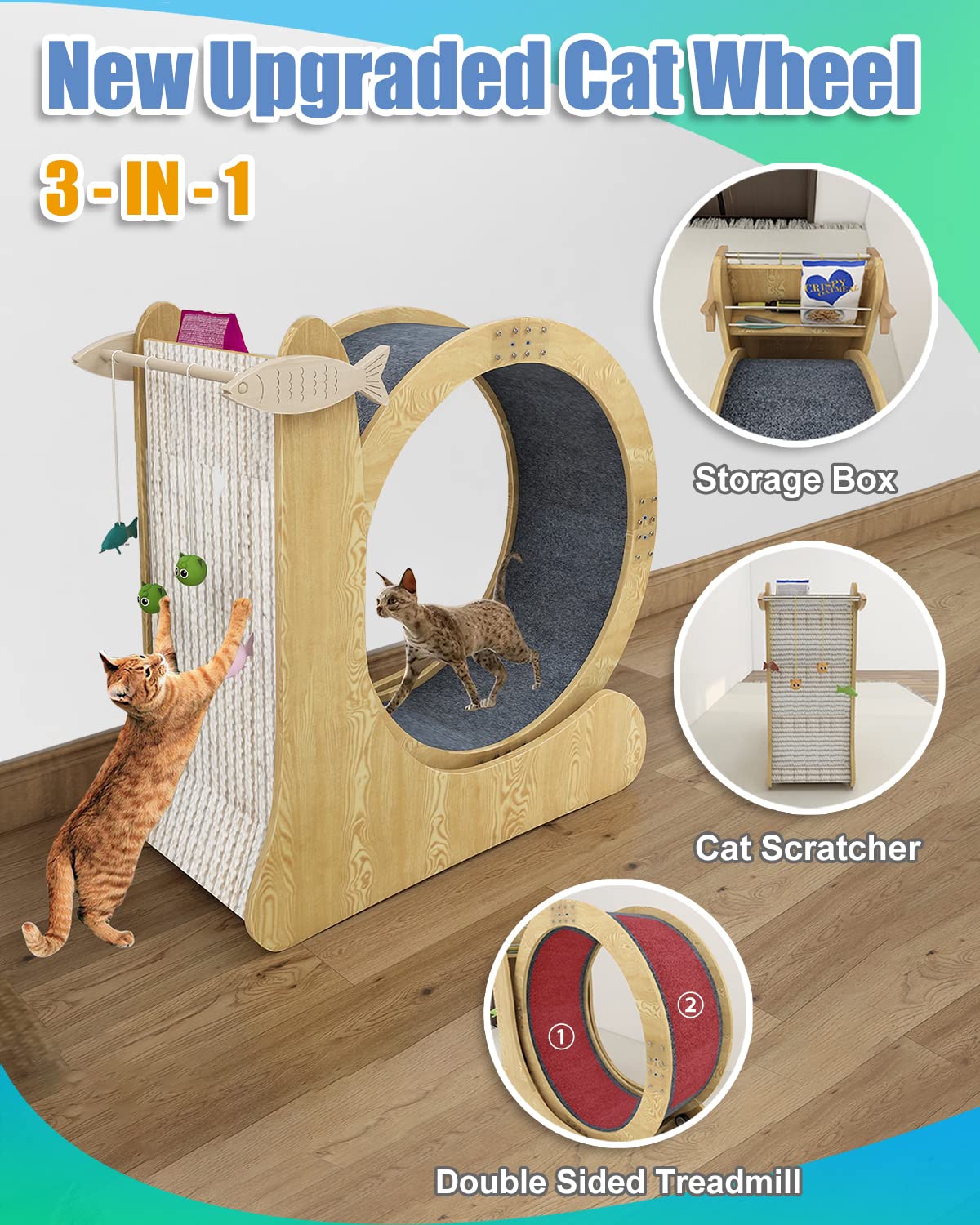 MIWOOYY Large Cat Exercise Wheel with Scratcher and Storage - 40 Inch Natural Solid Wood Cat Treadmill for Indoor Cats Run Motion & Play (Snail)