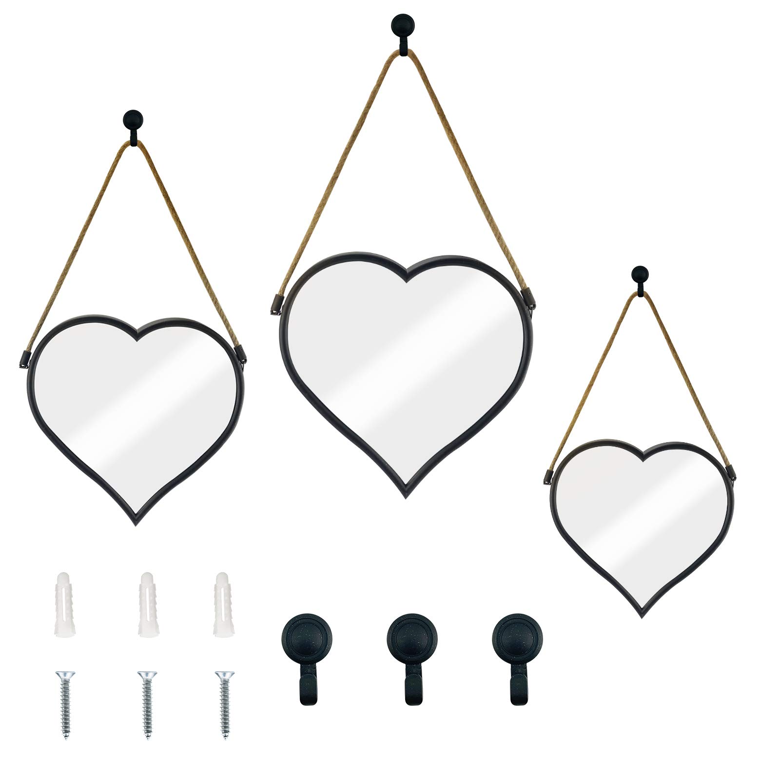 Urban Deco 3 Pieces Heart Shaped Mirror for Wall, Hanging Black Glass Mirror Sets Decoration for Bedroom Living Room Bathroom