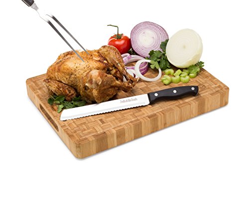 End Grain Wood Bamboo Cutting Board for Kitchen, Commercial Use - Extra Large, Thick Butcher Block with Juice Groove, Handles, and Non-Slip Feet for Chopping Veggies, Carving Meat, Bread and Cheese