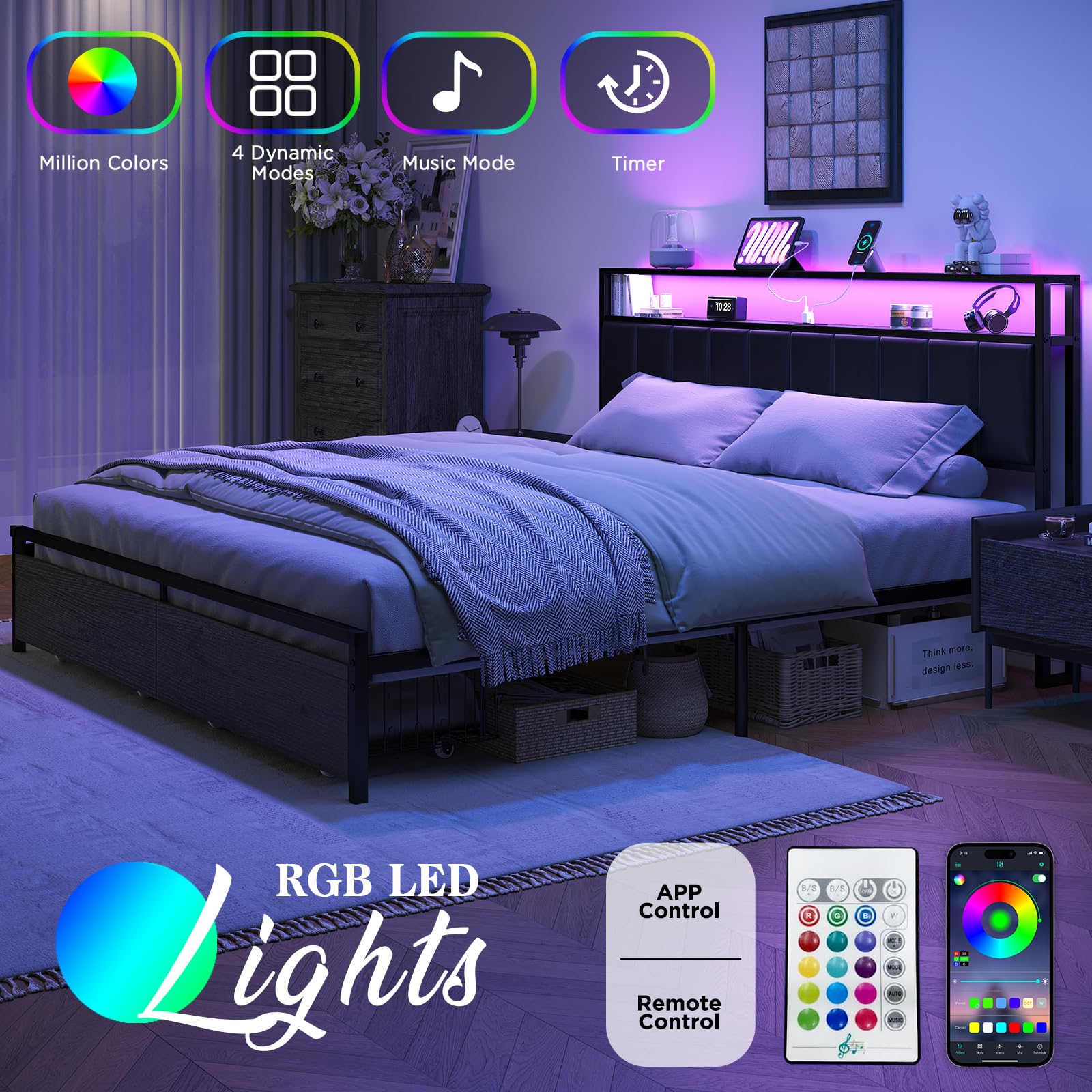 Albott Queen Storage Bed Frame with 2 Drawers, Platform Bed with 2-Tier Storage & Leather Upholstered & Charging Station Headboard, No Box Spring Needed, Noise Free, Easy Assembly, Black