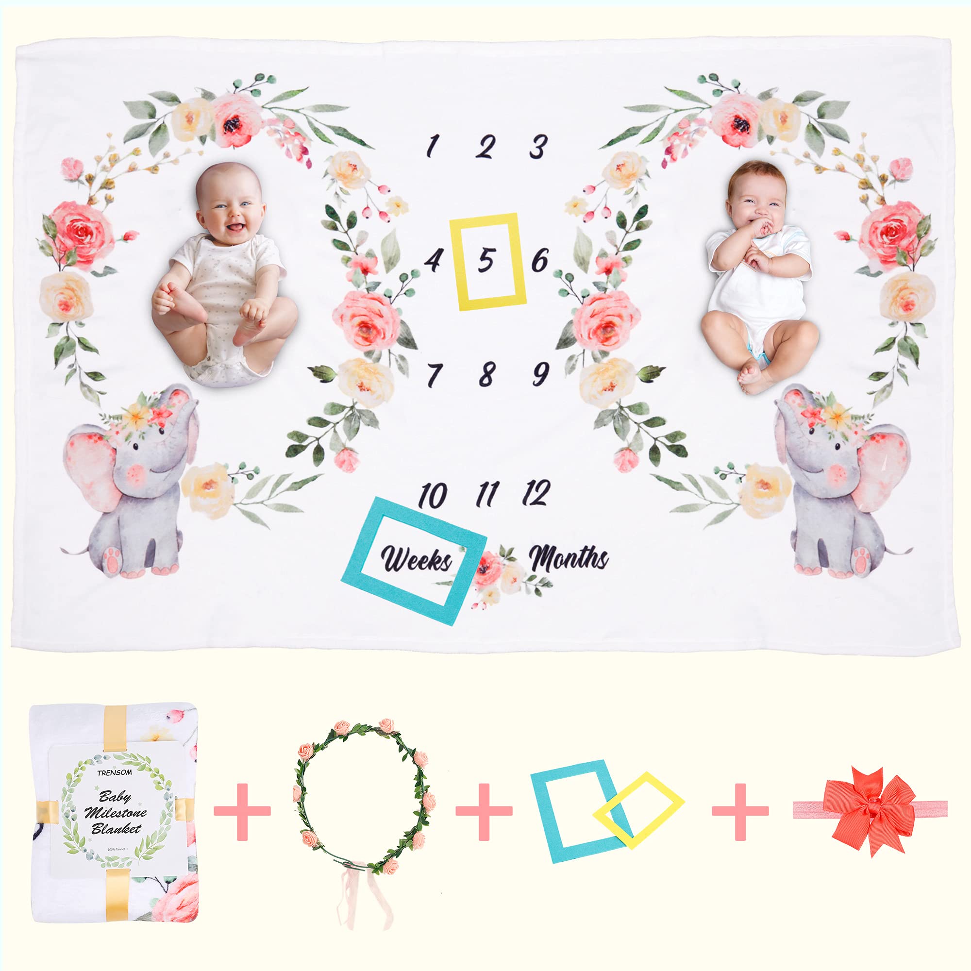 Twin Elephant Milestone Blanket Soft Premium Flannel Fleece Baby Monthly Milestone Blanket Personalized Photography Background Blankets Unisex Twin Gifts
