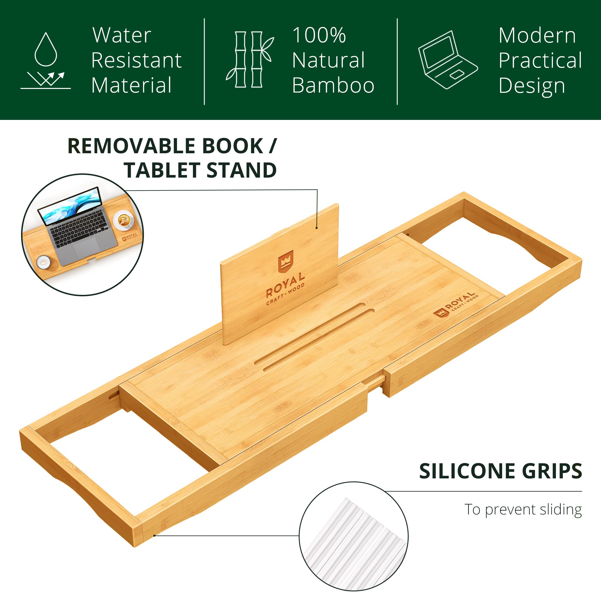 Bathroom Caddy Organizer & Bathtub Tray - Expandable Bamboo Bath Caddy with Wine, Book & Tablet Holder - Luxurious Bath Accessories