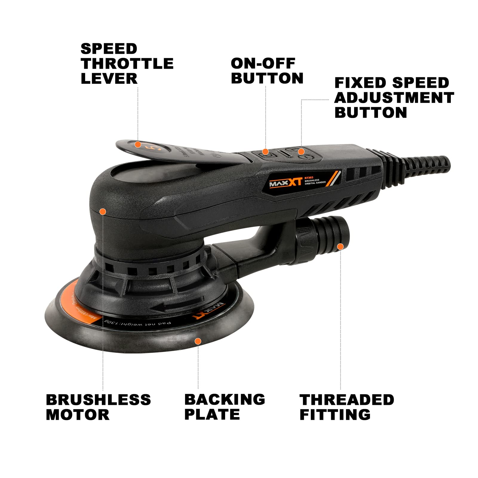 MAXXT Electric 5mm Random Orbital Sander, Palm Sander with Brushless Motor, 5&6Inch Sanding Pads, Central Vacuum, Sanders for Woodworking, Primary Wood and Panel Processing