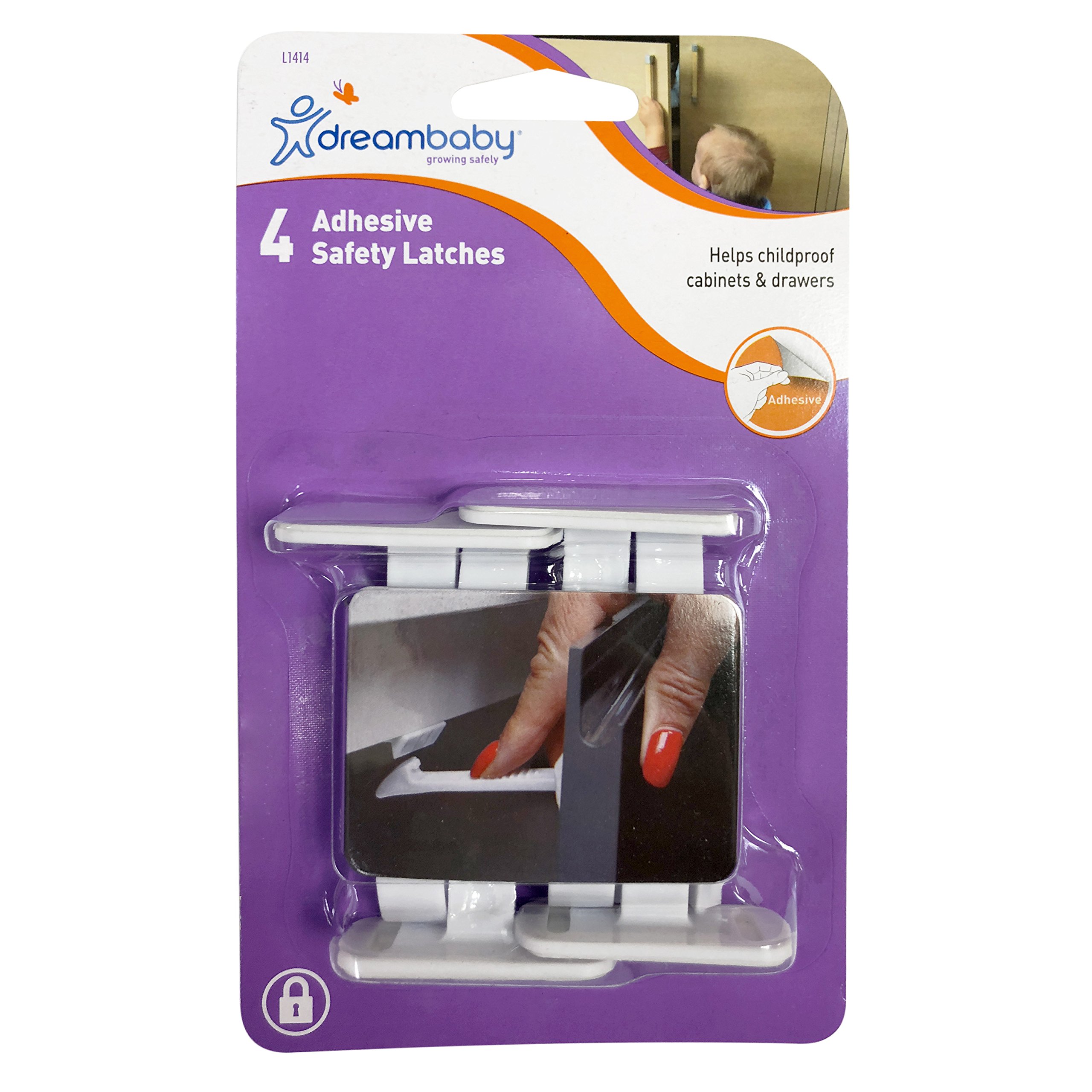 Dreambaby Adhesive Safety Latches for Drawers & Cabinets, White, 4 Count