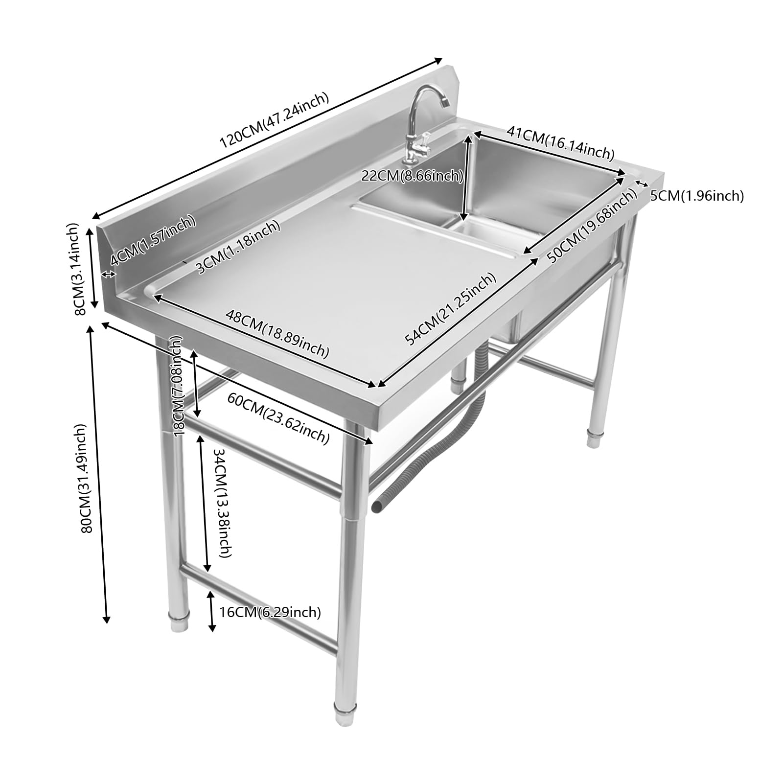 47" x 24" x 32" Free Standing Single Bowl Commercial Kitchen Sink Set, Stainless Steel Prep & Utility Restaurant Kitchen Sink w/Workbench/Faucet for Restaurant, Kitchen, Garage (US Stock)