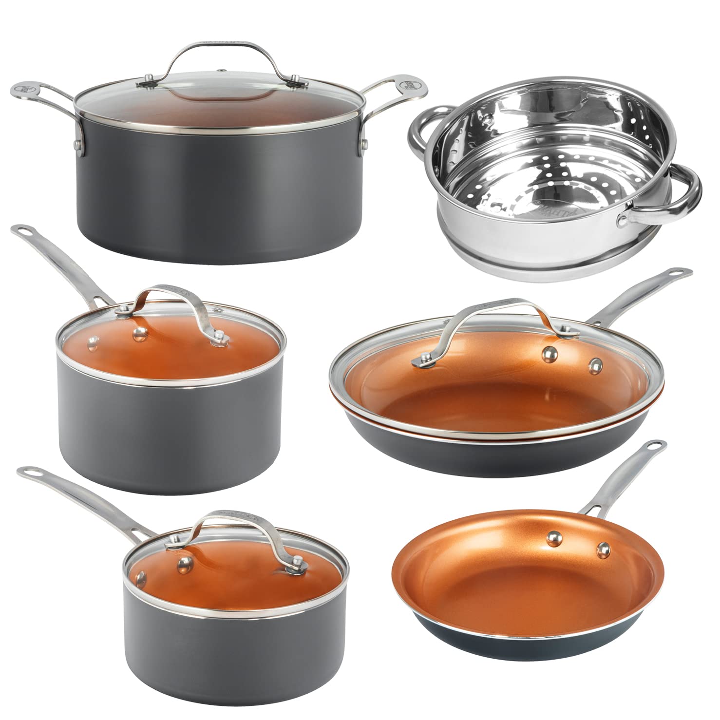 Gotham Steel 10 Piece Pots and Pans Set with Ultra Nonstick Diamond Surface, Includes Frying Pans, Stock Pots, Saucepans & More, Stay Cool Handles, Oven Metal Utensil & Dishwasher Safe, 100% PFOA Free