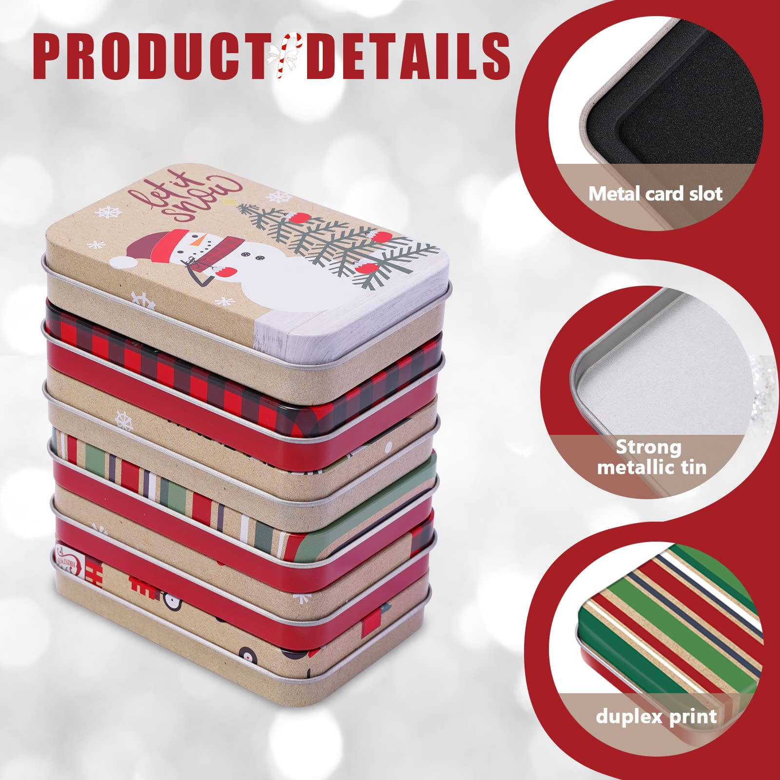 Whaline 12Pcs Christmas Tin Gift Card Holder Boxes 6 Design Metal Box with Lids Rustic Xmas Tree Snowman Tin Box Container for Christmas Stocking Stuffer Cards Crafts Party Favors