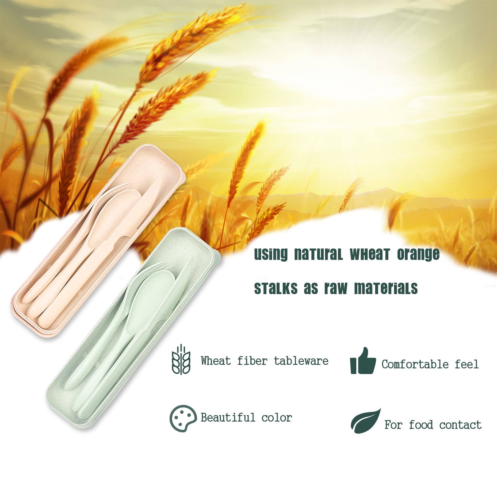 Travel Utensil Set with Case, 2 Sets Wheat Straw Reusable Spoon Chopstick Forks Tableware, Portable Cutlery Travel Picnic Camping or Daily Use (Beige, Green)