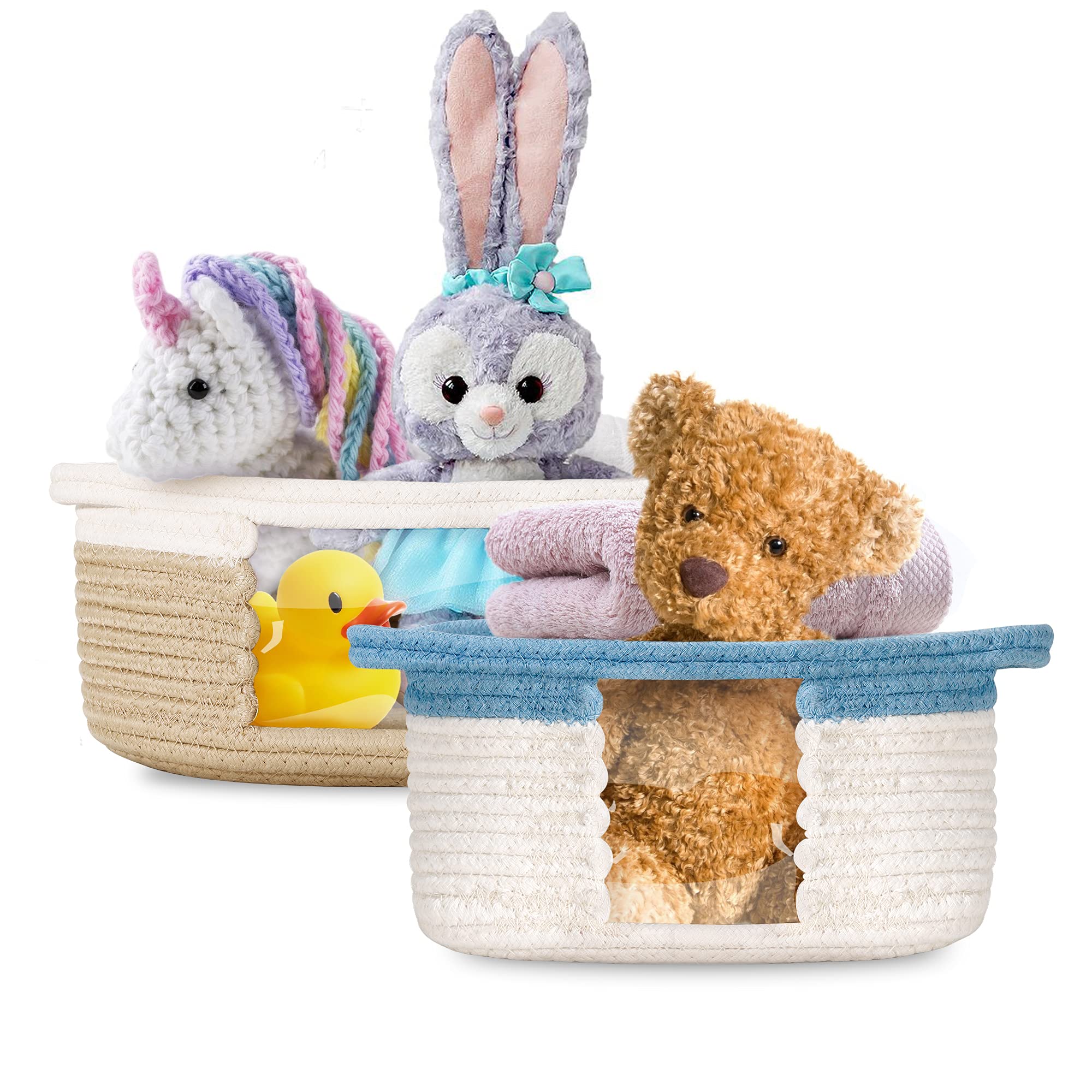 Zannaki Woven Storage Basket, 2 Pack Cotton Rope Baskets, Decorative Organizer Bins with Carry Handles Clear-View Window for Closet, Baby Nursery Blanket, Little Toy, Makeup, Books, Towels, Gadgets