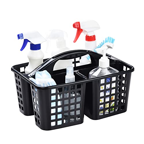 ALINK Plastic Shower Caddy Basket with Compartments, Portable Divided Cleaning Supply Storage Organizer with Handle for College Dorm Bathroom - Black