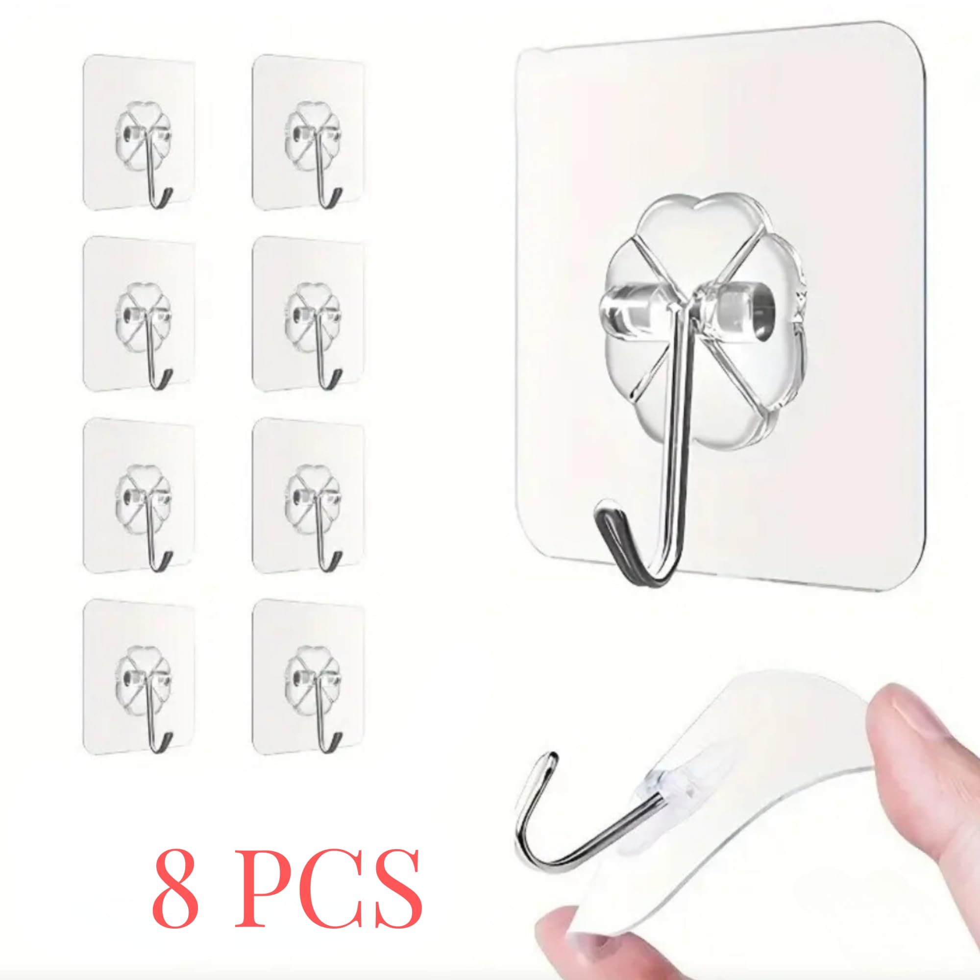Generic 8pcs Adhesive Hooks for Hanging Transparent Self Adhesive Shower Hooks Hangers for Home and Office, Sticky Hooks for Kitchen Bathroom Water & Oil Proof Strong 22lb(Max) Door Coat Hooks