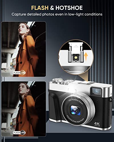 NEZINI 4K Digital Camera,Auto Focus 48MP Vlogging Camera for YouTube and Anti-Shake Video Camera with Viewfinder Flash & Dial,16X Zoom Travel Portable Digital Camera with 32GB Card,2 Batteries (Black)