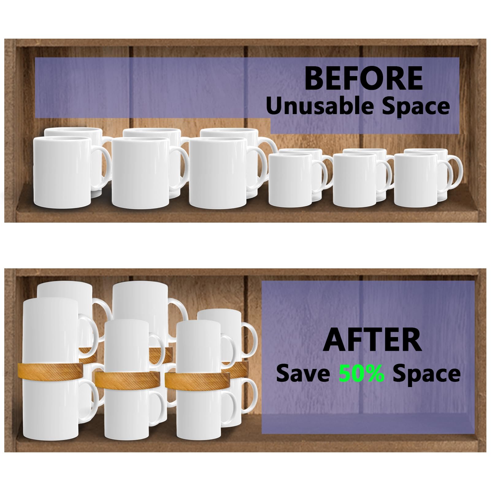 SCQJPA Cup Organizer for Kitchen Cabinets, Wooden Coffee Mug Stackers Cupboard Stackable Organizers Storage for Glasses Tea Cup,Save Space(6Pcs)