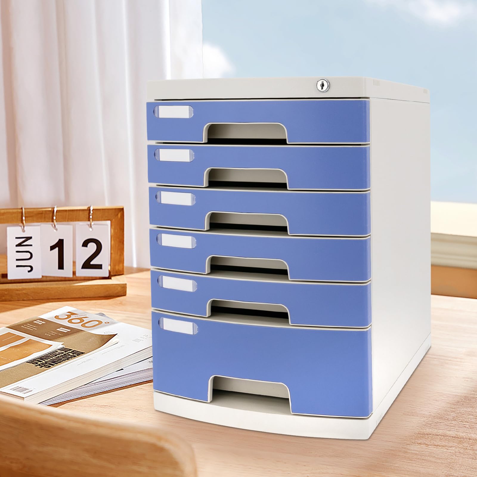 6 Drawer Plastic Storage Bins Lockable Desk File Organizer Modern 6-Tier Storage Box Drawers Organizer with Drawers for Home Bedroom Office, Blue