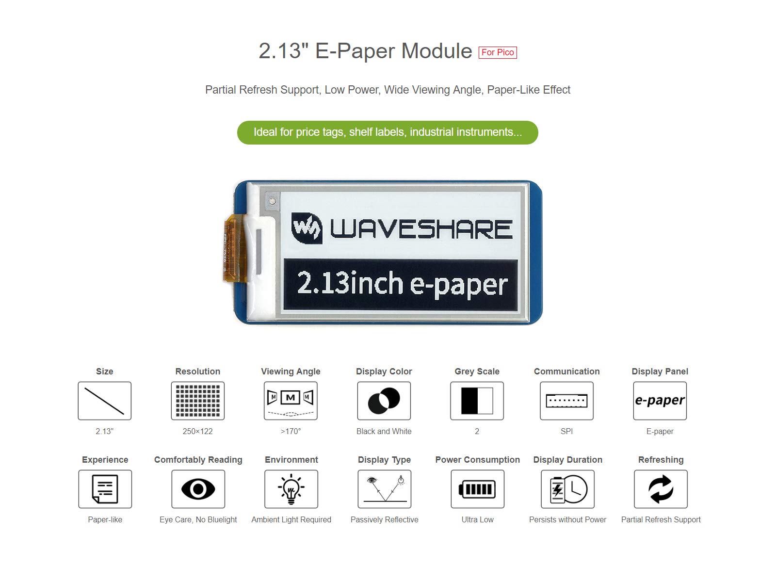 waveshare 2.13inch E-Ink Display HAT 250×122 Pixels Black White Two Color E-Paper Module epaper Screen for Raspberry Pi Pico Microcontroller Board,Support Partial Refresh