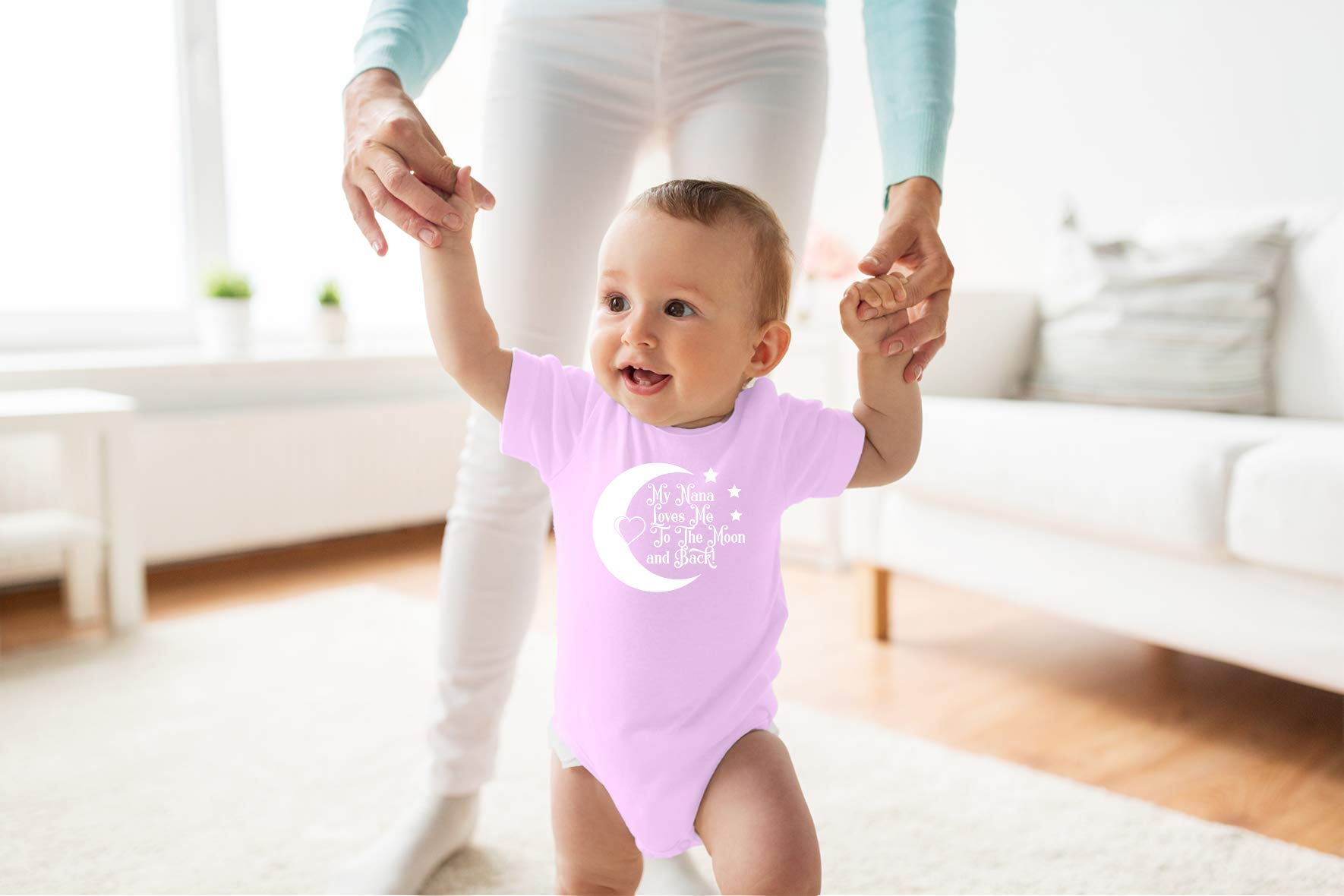My Nana Loves Me to The Moon and Back - Funny Baby Essentials Bodysuit - Newborn Boy Clothes (6 Months, Pink)