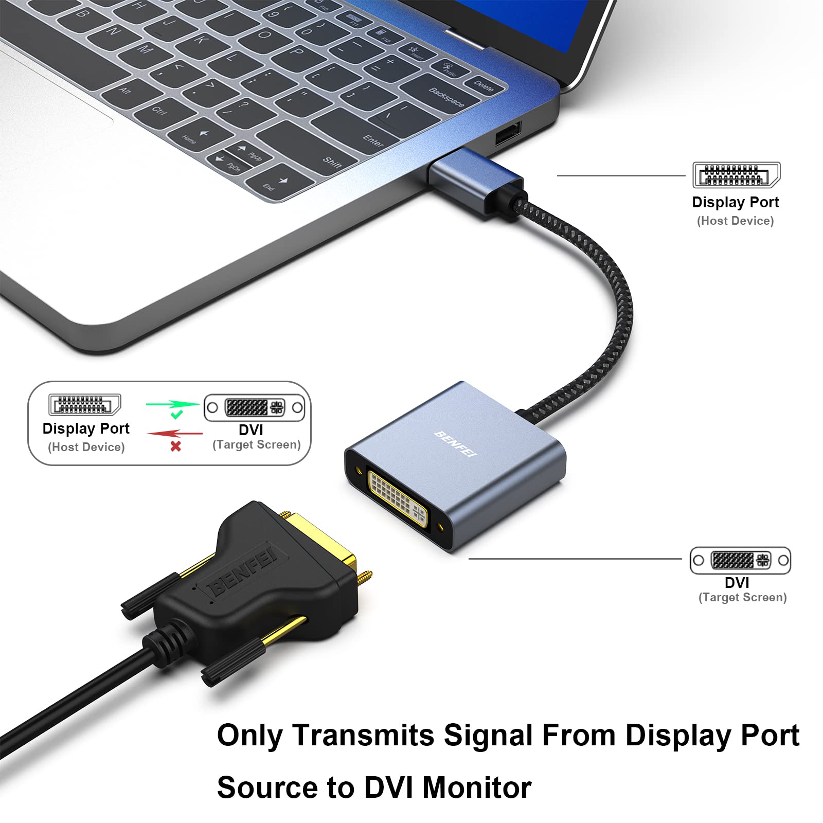 DisplayPort to DVI, Benfei DisplayPort to DVI-D Single Link Adapter Male to Female Adapter Compatible for Lenovo Dell HP and More [Gold-Plated Connectors, Aluminium Shell&Nylon Cable]
