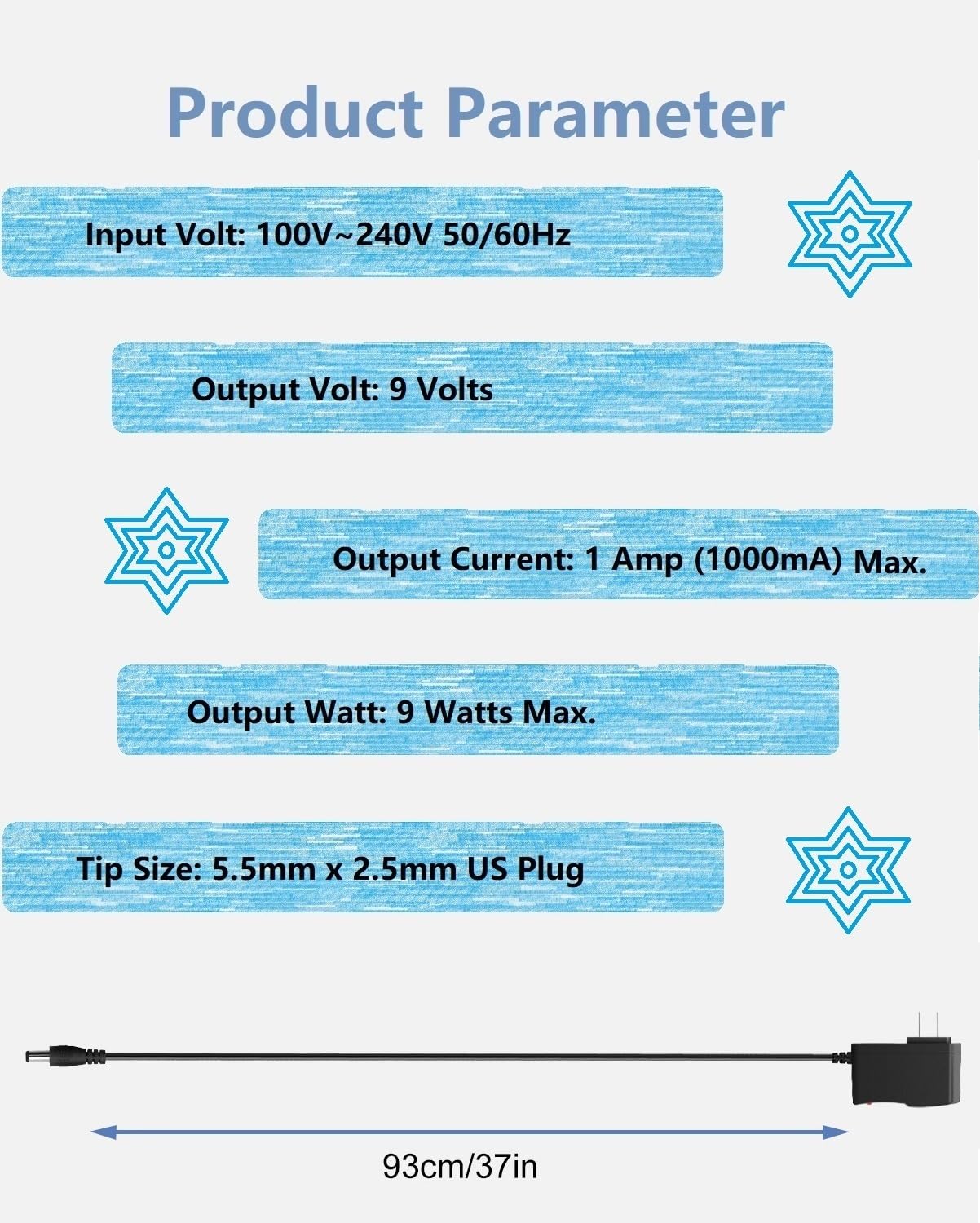 9V DC Power Supply 1A 9V Power Adapter, DC 9V Power Cord Transformer, 9Volt 1000mA AC/DC Adapter, 5.5mm x 2.5mm US Plug [The Polarity of Output tip: Inner Positive (+), Outer Negative (-)]