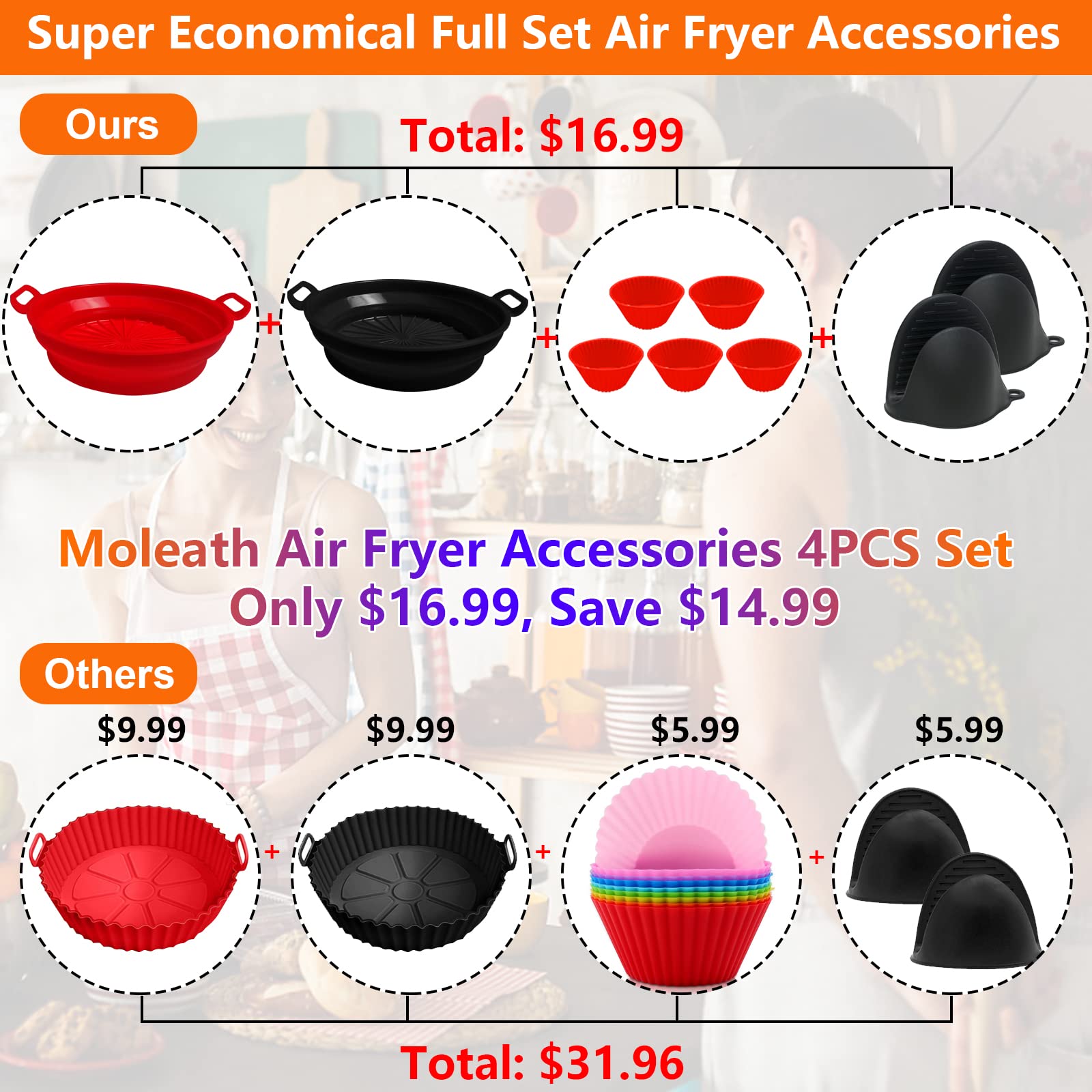Air Fryer Silicone Liners, Moleath 7.5inch 4Pc Round Air Fryer Accessories Collapsible Airfryer Basket Liners, Reusable Air Fryer Pot Bowl for 2.6QT-5QT Air Fryers with Silicone Mitts & Muffin Cups