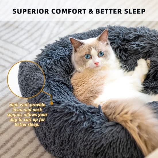 Cat Beds for Indoor Cats - Cat Bed Washable 20/24 inches, Dog Beds for Small Medium Dogs, Anti Anxiety Round Fluffy Plush Faux Fur Cat Bed, Thick Bottom (Dark Grey, Medium)