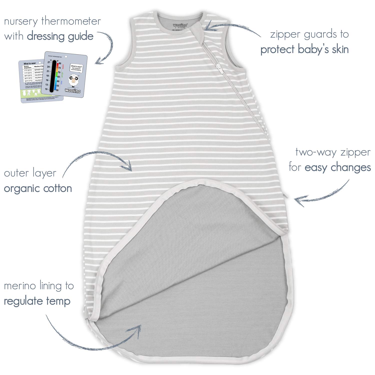 Woolino 4 Season Classic Baby Sleep Bag - Merino Wool and Organic Cotton - Two-Way Zipper Newborn Sleeping Sack - Infant Wearable Blanket - 0-6 Months - Earth