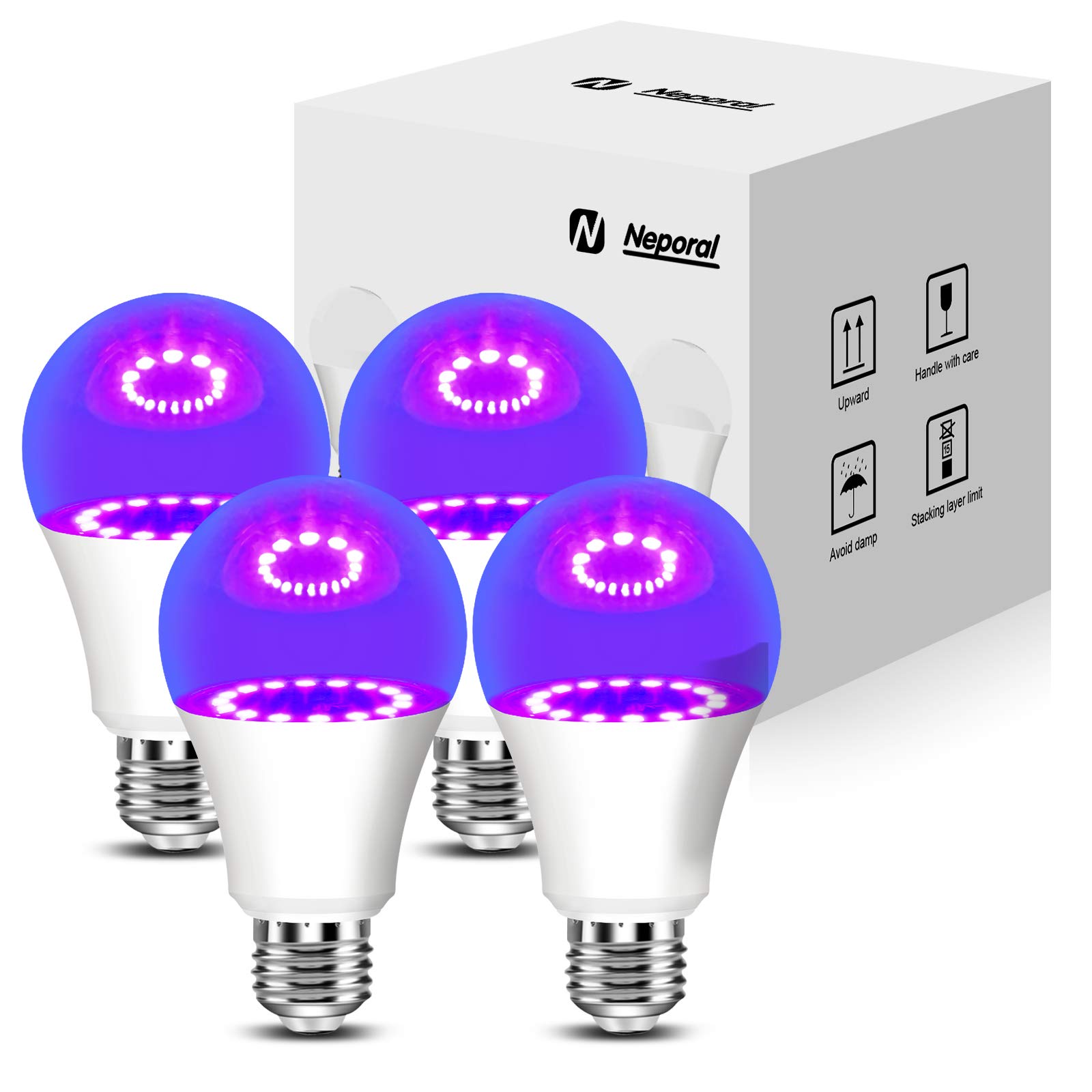 9W led Black Light Bulb, A19 E26 Screw Base Black Lights, Cast Neon in The Dark When Lighting at Reactive Surfaces, 380-420 nm Black Bulb for Halloween, Christmas, Birthday, Glow Party (4PK)