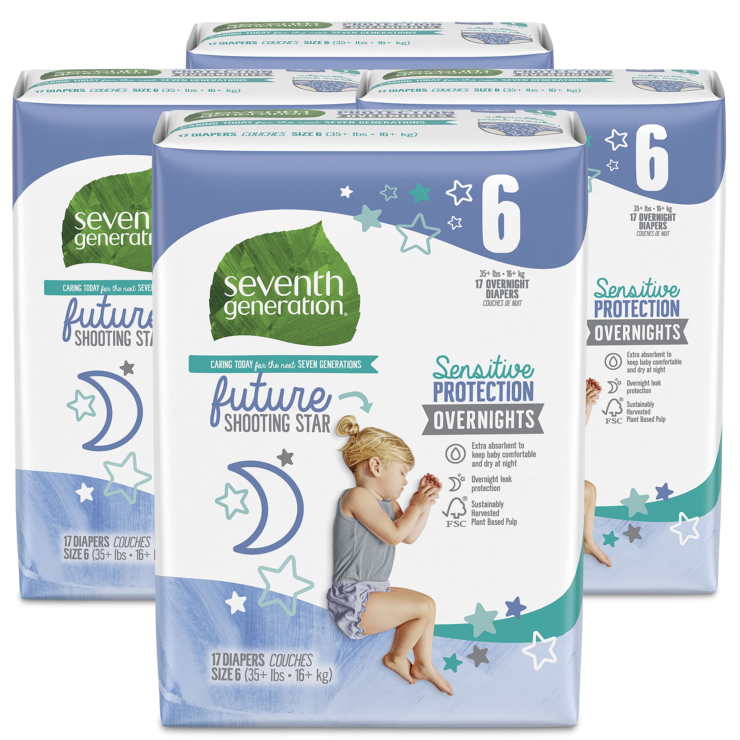 Seventh Generation Overnight Baby Diapers, Sensitive Protection, Size 6, 35+ lbs 17 Count, 4 Count (Pack of 1)