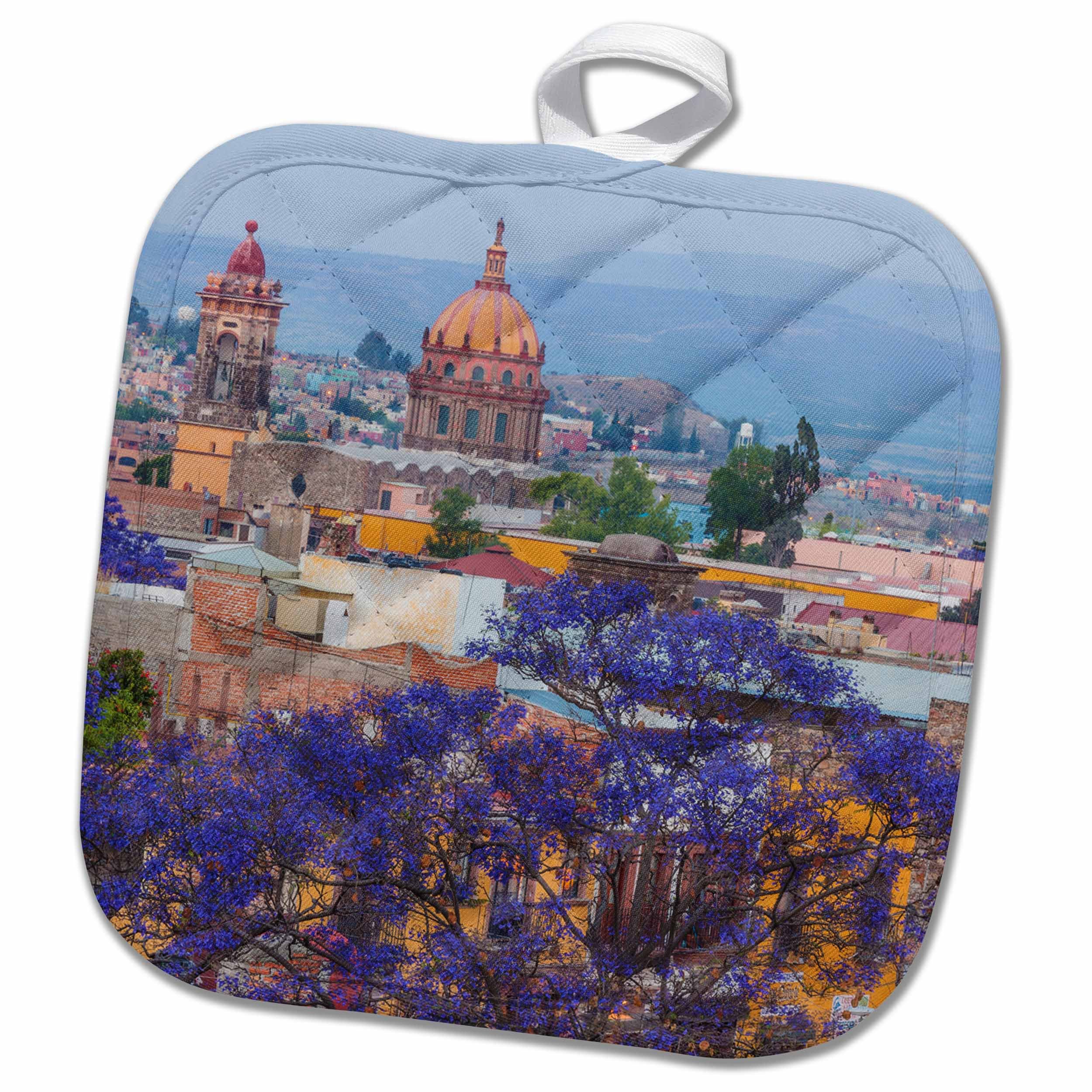 3D Rose Mexico-San Miguel De Allende. Jacaranda Tree and City Overview. Pot Holder, 8 x 8