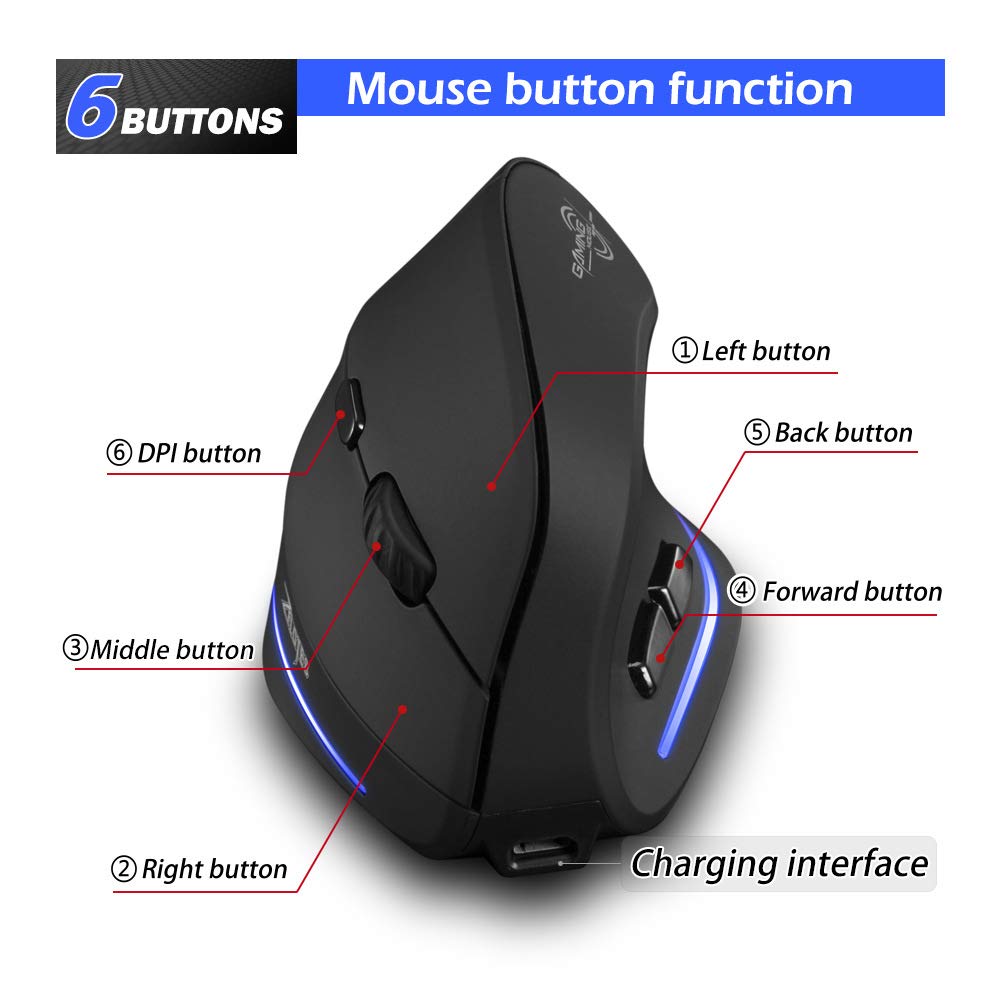 Attoe Vertical Mouse Wireless, Right Handed 2.4GHz Wireless Ergonomic Rechargeable Vertical Mouse with 3 Adjustable DPI 1000/1600/2400, 6 Buttons,Compatible with PC, Desktop,Mac (Black)