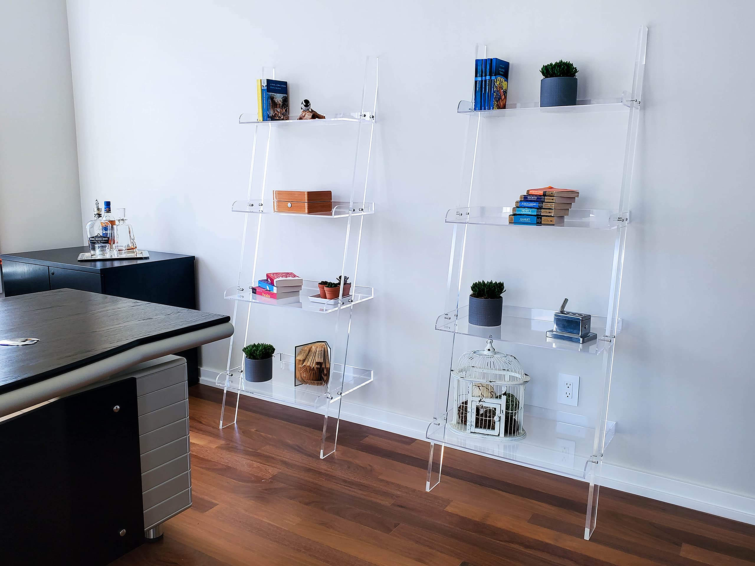 Acrylic Ladder Bookcase β Large Modern Clear Leaning Floating Wall Bookshelf - Standing Decor Display Unit for Open Shelving, Organizer, or Storage in the Living Room, Office, Bedroom, or Bathroom