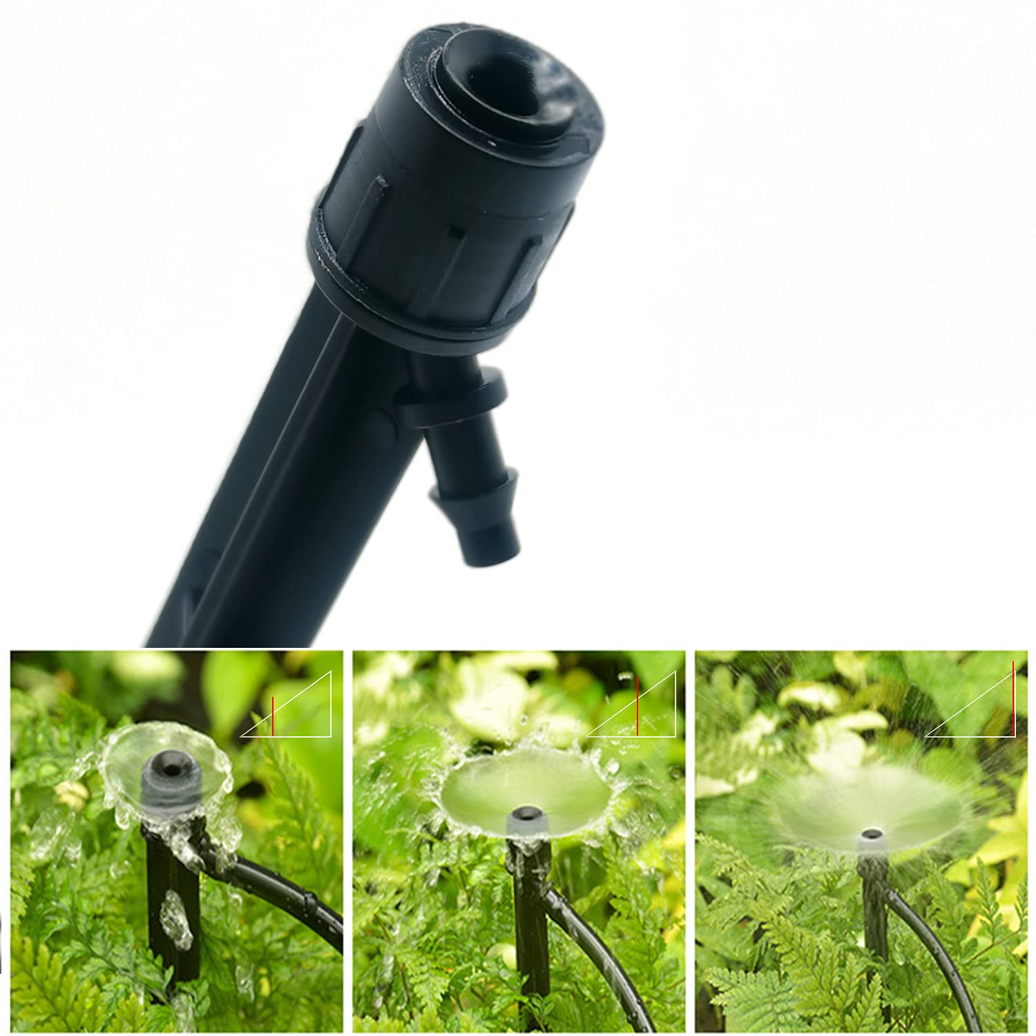 PheiLa 50 Pcs Drip Emitters with Stake Water Flow Adjustable for 1/4 Inch Irrigation Tube Hose, 360 Degree Sprayer Irrigation Drippers Watering Stake for Garden Patio Lawn Flower Bed - Black