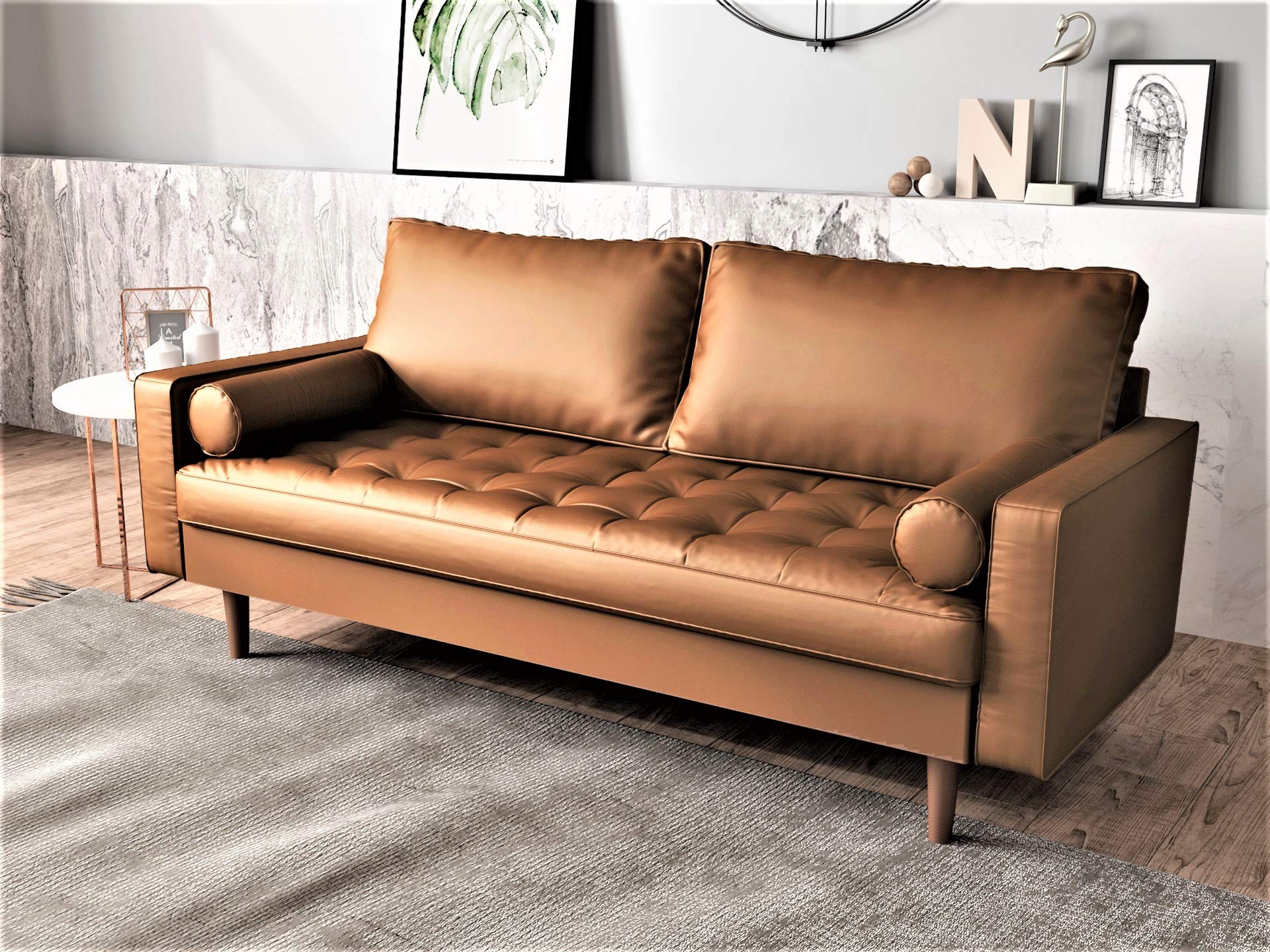 Container Furniture Direct Womble Mid Century Modern Couch with Bolster Pillows, PU Leather Upholstered Tufted Seat, Versatile Retro Design for Comfortable Living Spaces, Loveseat, Coffee Brown