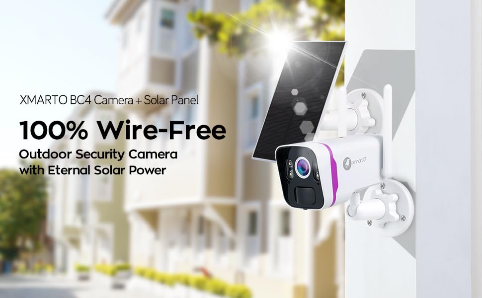 XMARTO 100% Wire-Free 4MP HD Solar Security Camera Wireless for Home Surveillance (All-Weather Solar Charge, AI Motion Detection, Spot Light and Siren, SD, NVR & Cloud Storage)