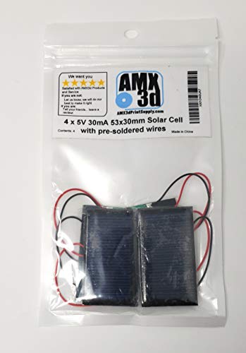 AMX3d AMX Solar 5V 30mA 53X30mm Micro Mini Power Solar Cells for Solar Panels with Wires- DIY Projects - Toys - Solar Charge 3.6v 4 Pcs