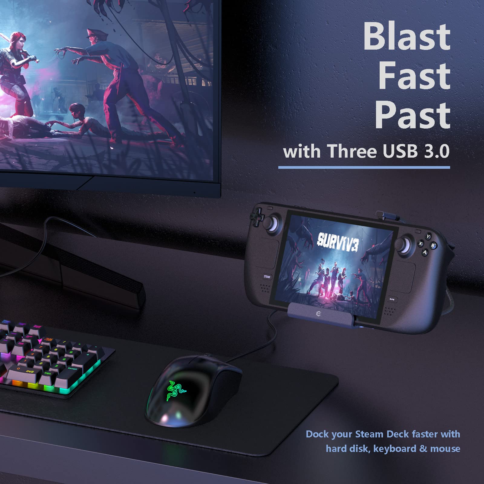 6 in 1 Steam Deck Docking Station, HOPDAY Steam Deck Dock with 3*USB 3.0, 1Gbps Ethernet, HDMI 4K@60Hz, 100W PD Charging, Steam Deck Accessories Stand for Valve Steam Deck