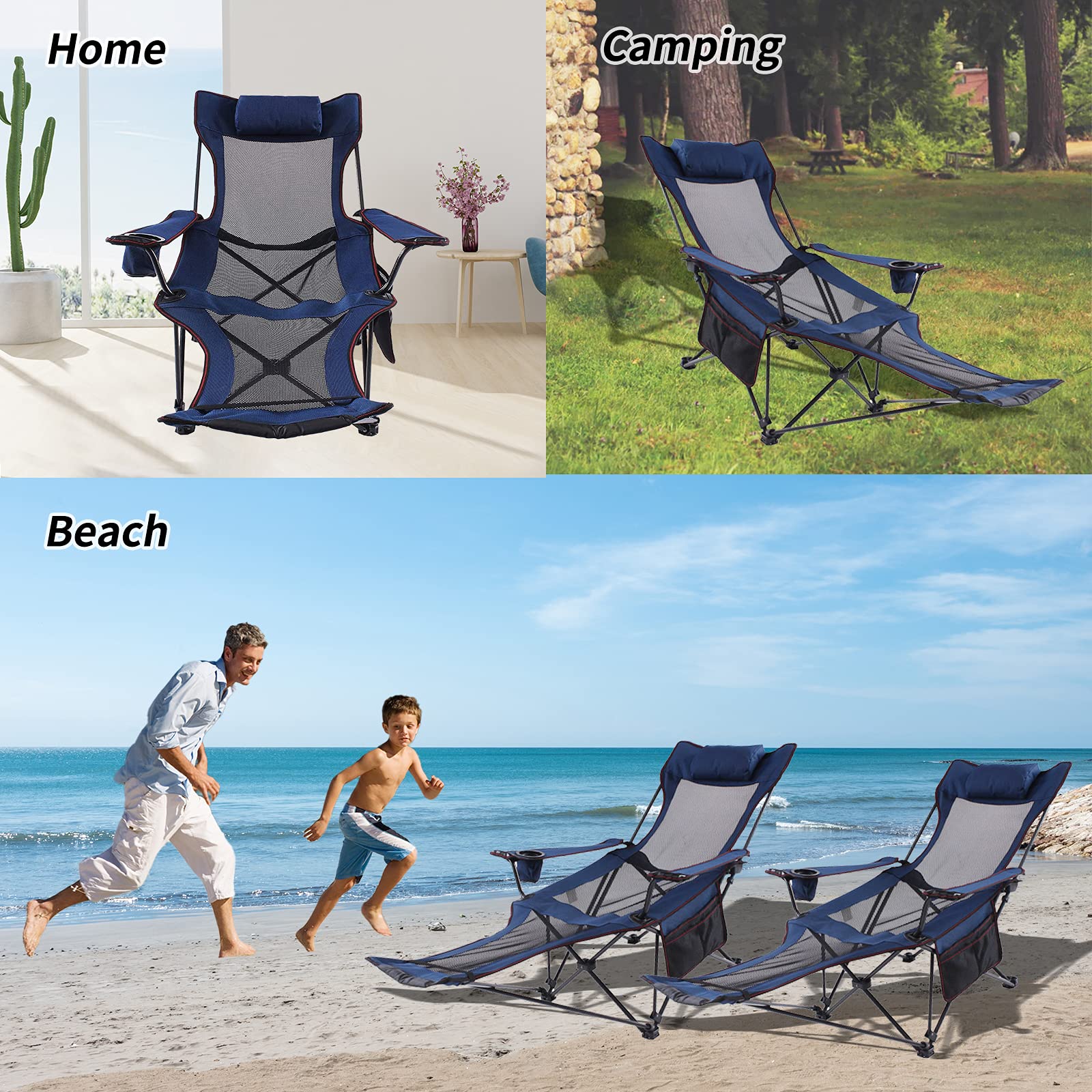 A AIKOOL Camping Recliner Camping Lounge Chair, Backpacking Folding Chair with Headrest, Footrest and Storage Bag for Outdoor Camping, BBQ, 300lbs Weight Capacity