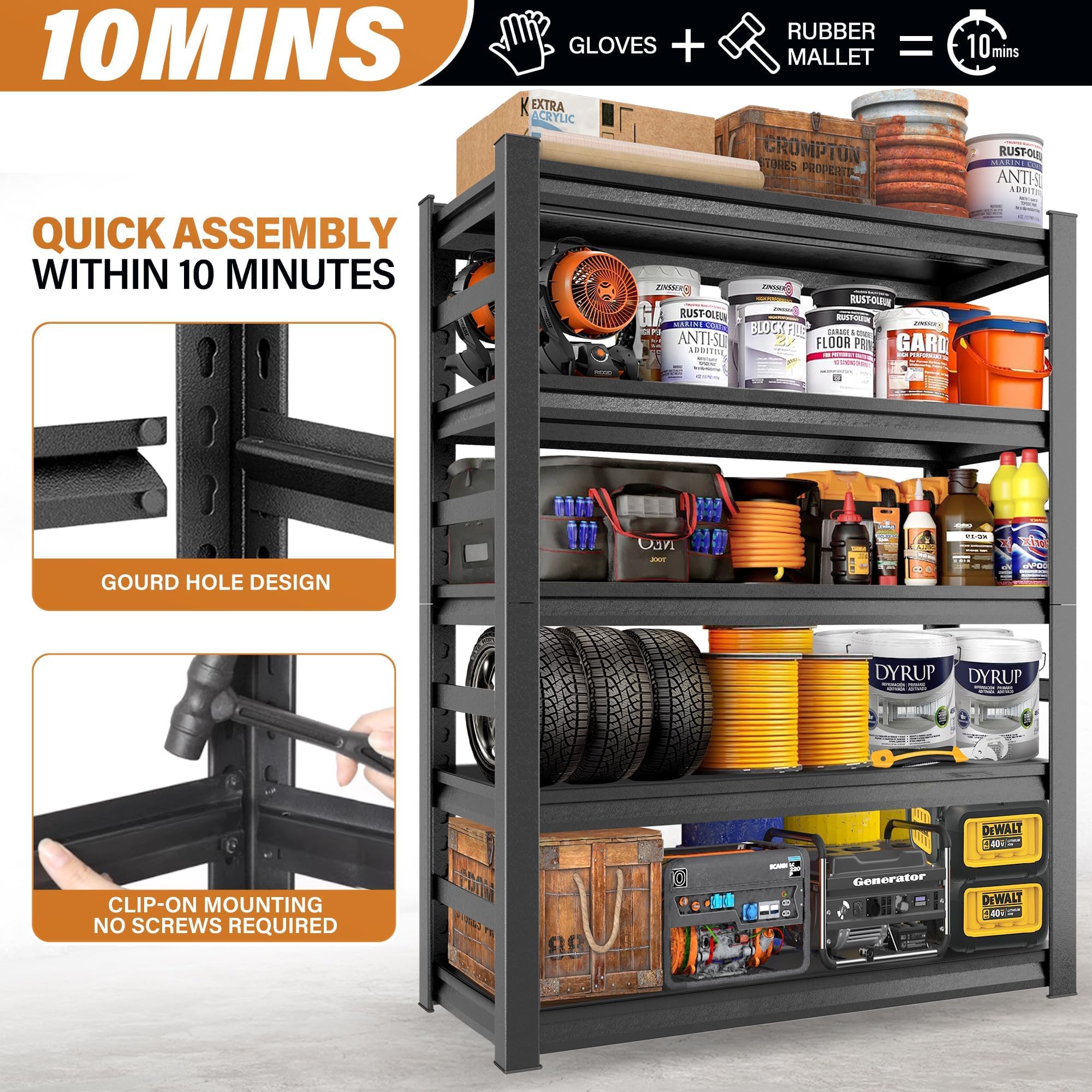 78" H|All-Metal Garage Shelving Unit and Storage-Easy Assembly Shelves 5-Tier Storage Rack|Heavy-Duty Adjustable Shelf|Steel Waterproof Rust-Resistant Shelves for Warehouse,Basement,Storeroom,Black