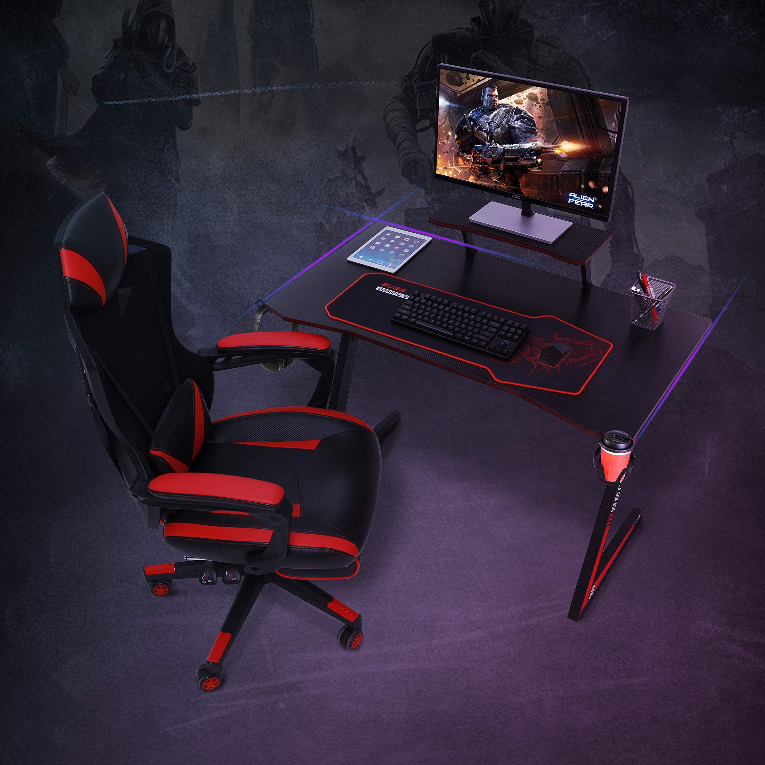 AuAg 44 inch Gaming Desk with Monitor Stand, Racing Style Home Computer Pc Table, Z-Shaped Gamer Game Work-Station with Cup Holder and Headphone Hook (44 inch)