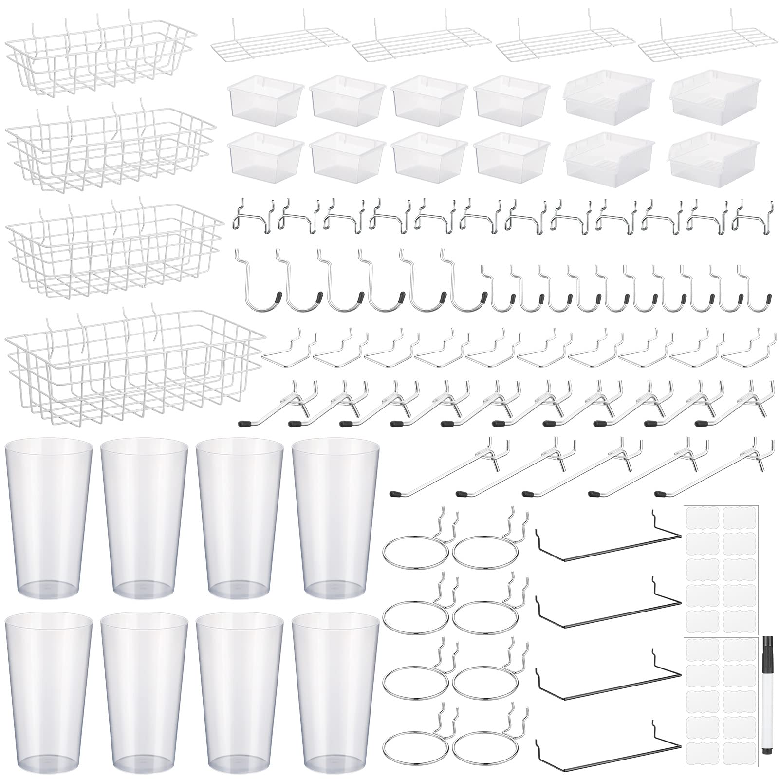 95 Pieces Pegboard Accessories Set Including Pegboard Storage Basket with Hooks Pegboard Cups with Holder Wire Shelf Tissue Storage Box Clothes Board for Garage Storage Craft Workshop (Black)