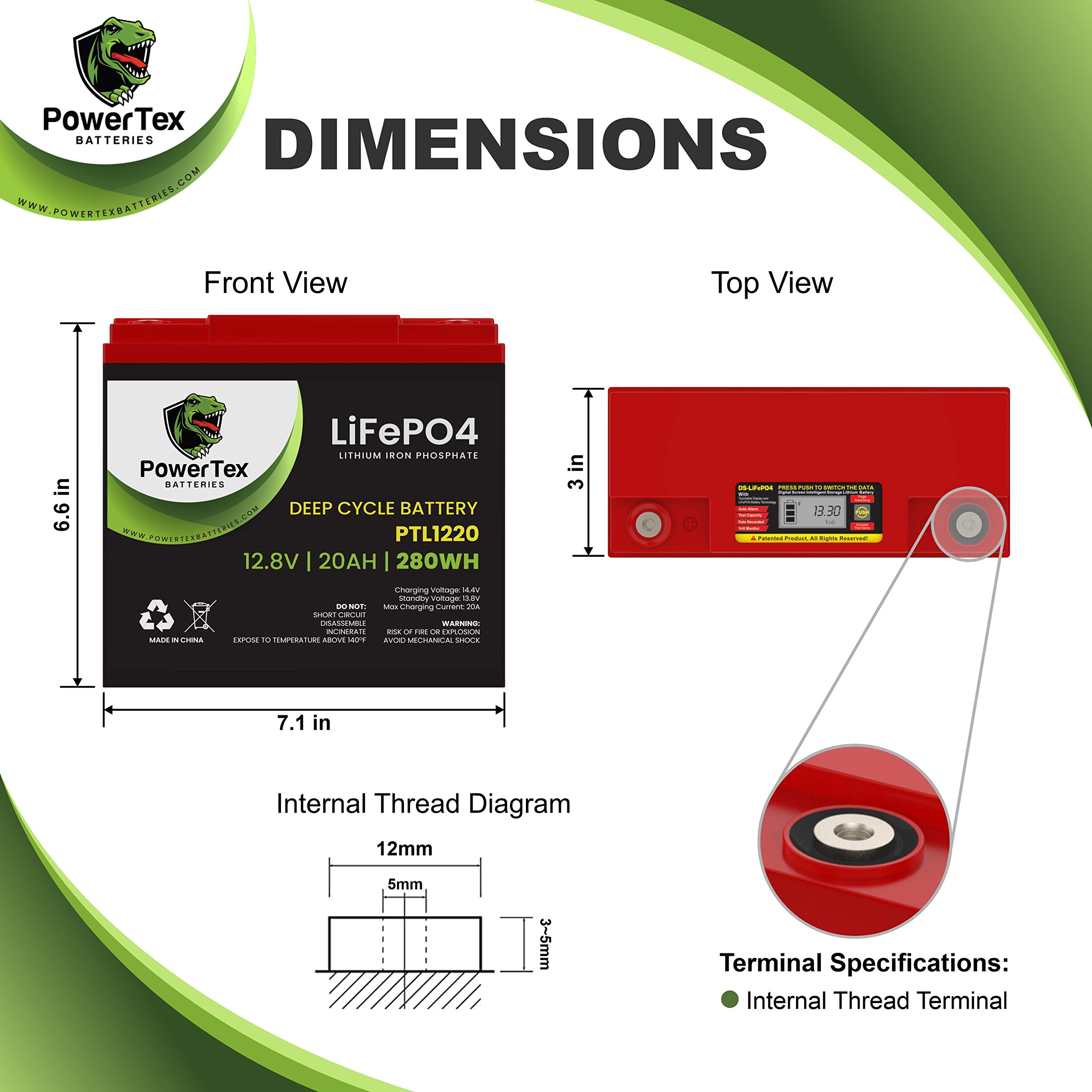 Powertex Batteries 12V 20Ah 264Wh Lithium Ion LiFePO4 Deep Cycle Rechargeable Battery - 5-10 Year Battery Life - SLA Drop-in Replacement for RV, Marine, Electric Scooters, Wheelchairs & More!