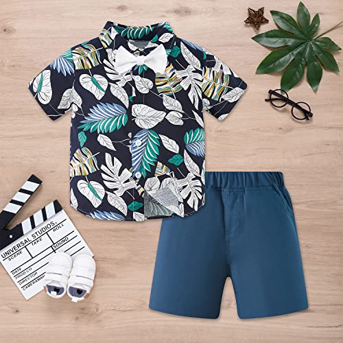 Yruiz Toddler Boy Hawaiian Outfit Set Baby Summer Floral Shirt with Bow-tie+Short Pants (Blue, 6-12 Months)