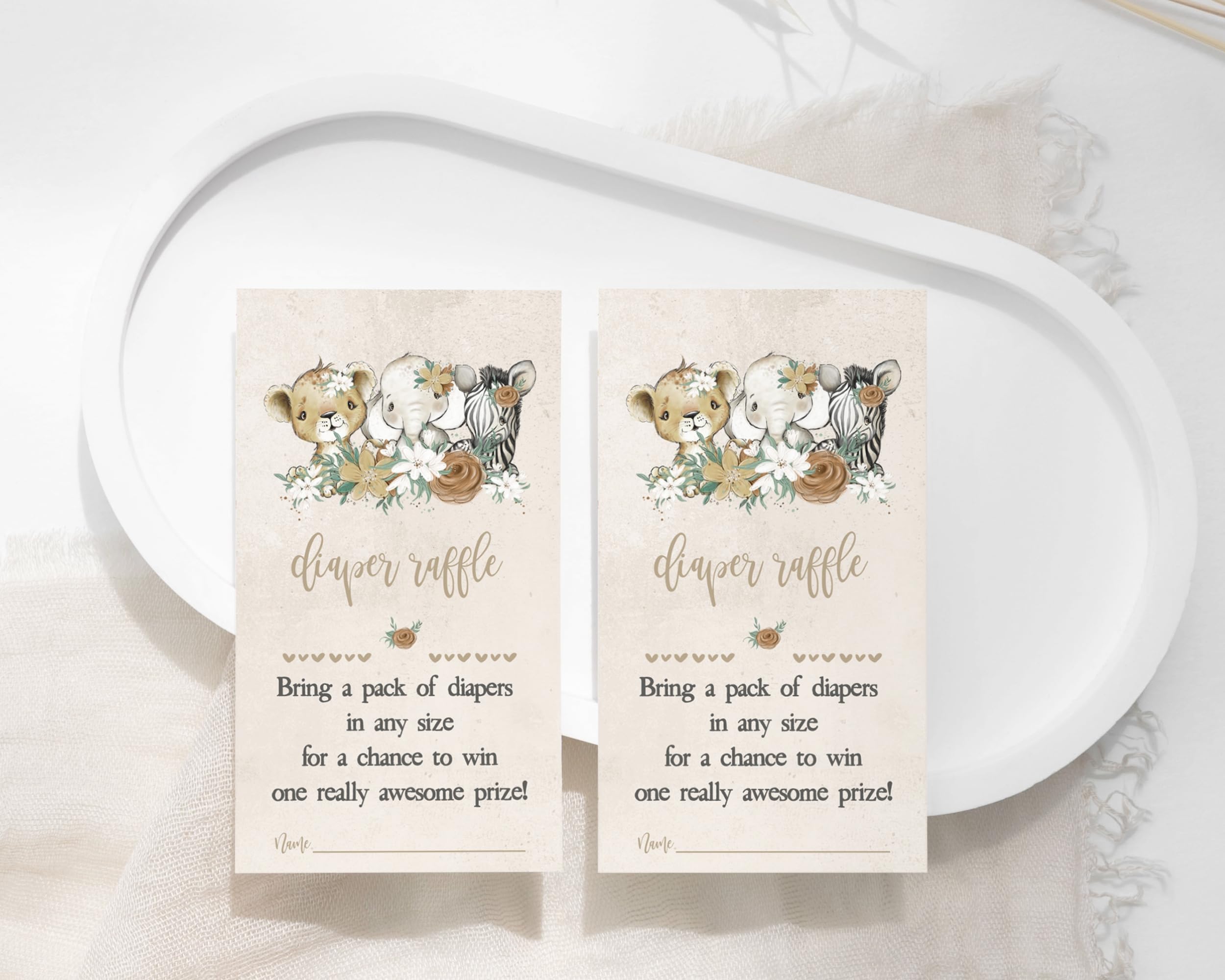 Paper Clever Party Flora Safari Diaper Raffle Tickets for Baby Shower Games, Invitation Insert Cards, 50 Pack