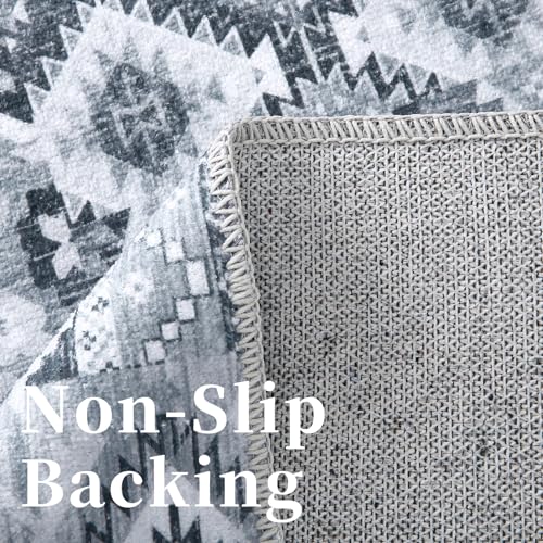CAREMEE Machine Washable Area Rug 3x5 Tribal Entryway Mat Vintage Distressed Rug Indoor Low Pile Thin Rug Cozy Non Slip Foldable Area Rug for Living Room Bedroom Dining Room Grey