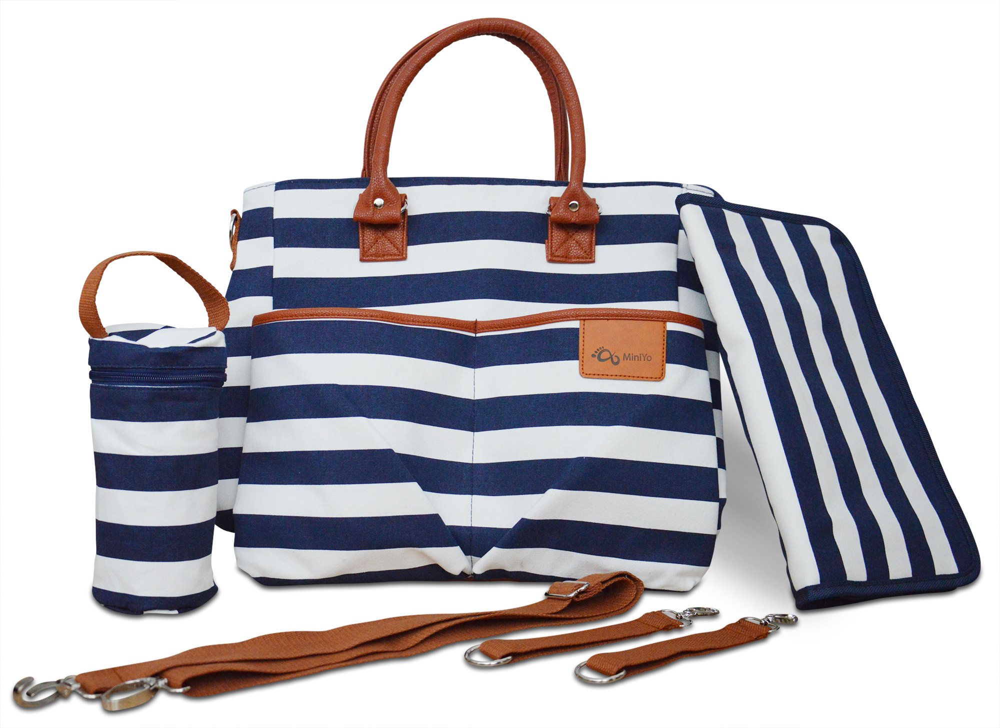 Designer Canvas Stylish Diaper Bag - With 2 Bonus Items: Changing Pad + Bottle Holder