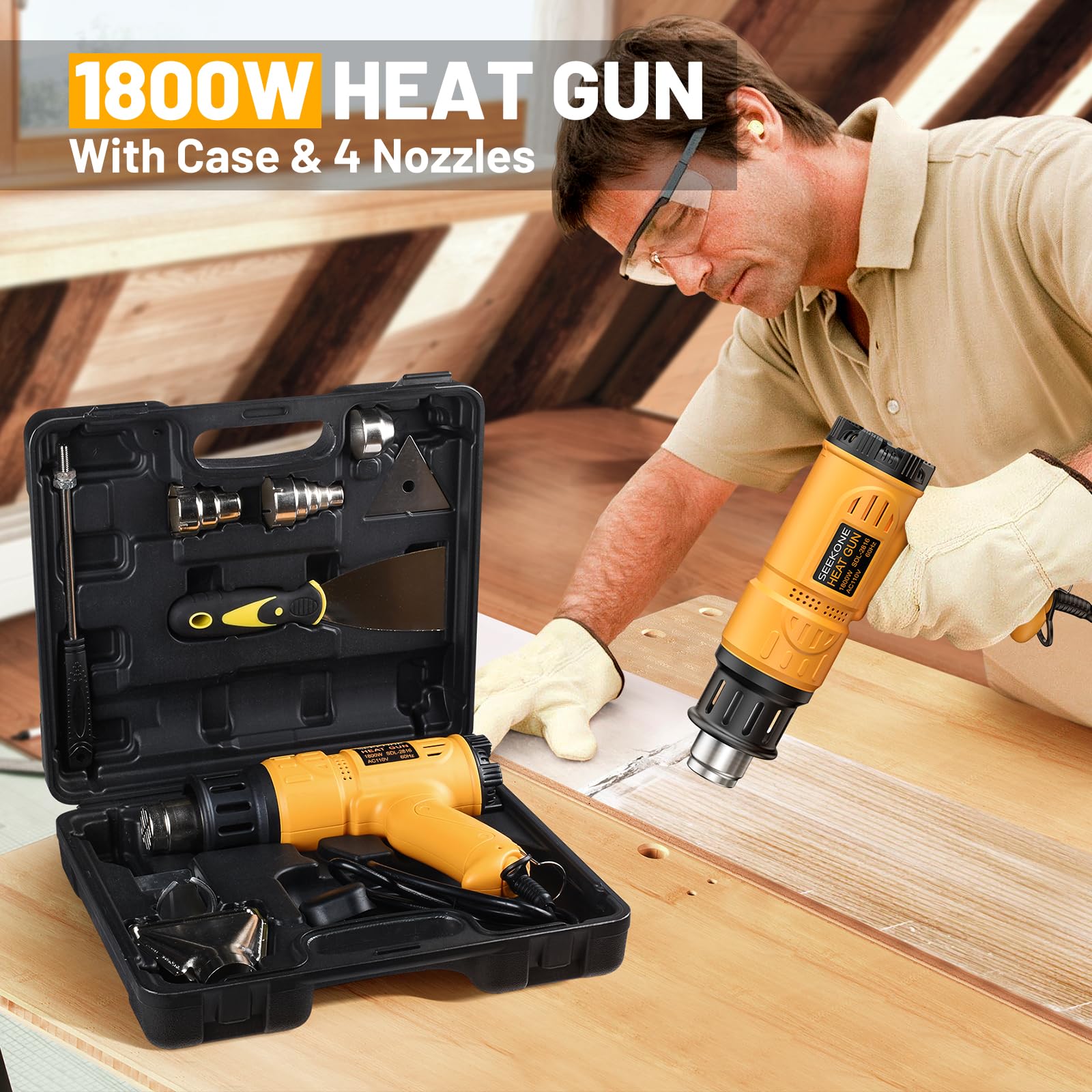 SEEKONE Heat Gun 1800W Heavy Duty Hot Air Gun Kit With Carry Case Variable Temperature Control 122℉~1112℉(50℃- 600℃) Overload Protection with 4 Nozzles for Crafts, Shrinking PVC, Stripping Paint