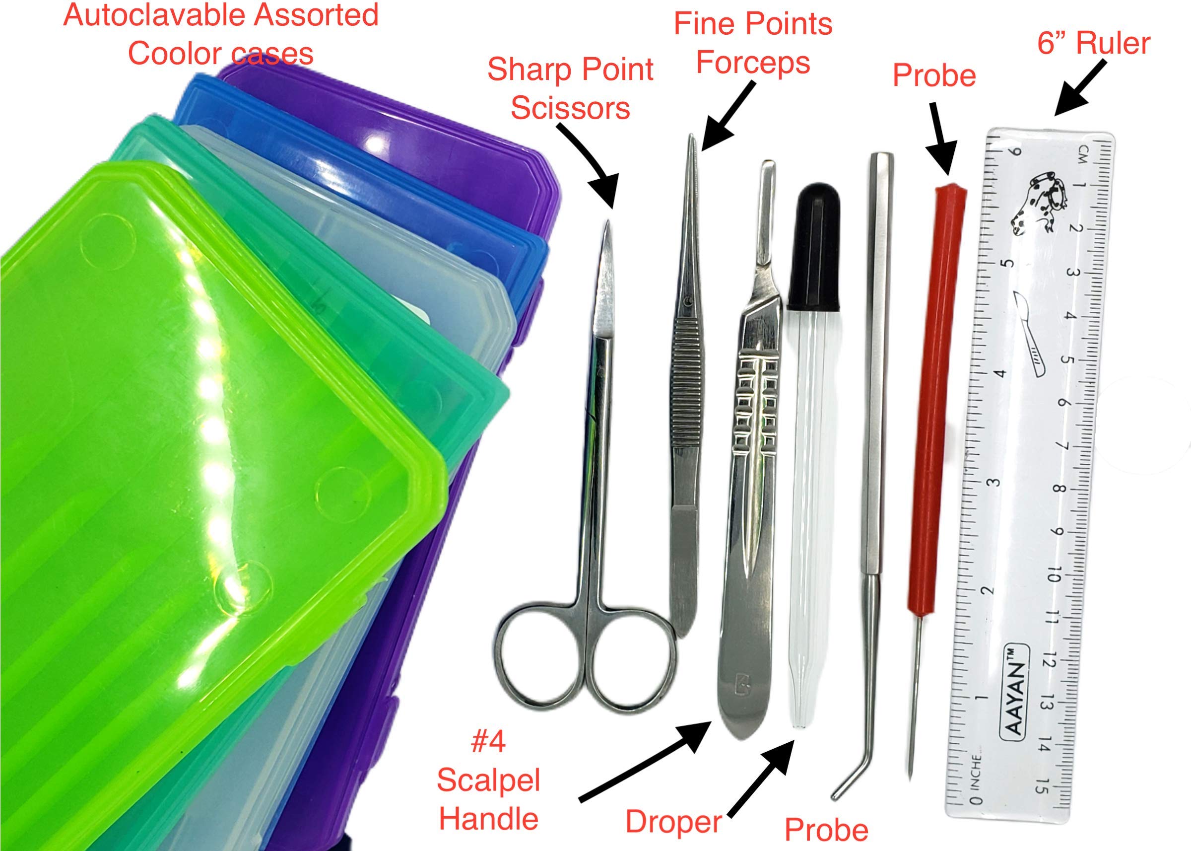 DR Instruments Precision Plus Dissection Kit - 24-Piece Biology Kit - 9 Stainless Steel Instruments - Extra Blades & T-Pins - Biology Students & Faculty β Assorted Color Cases