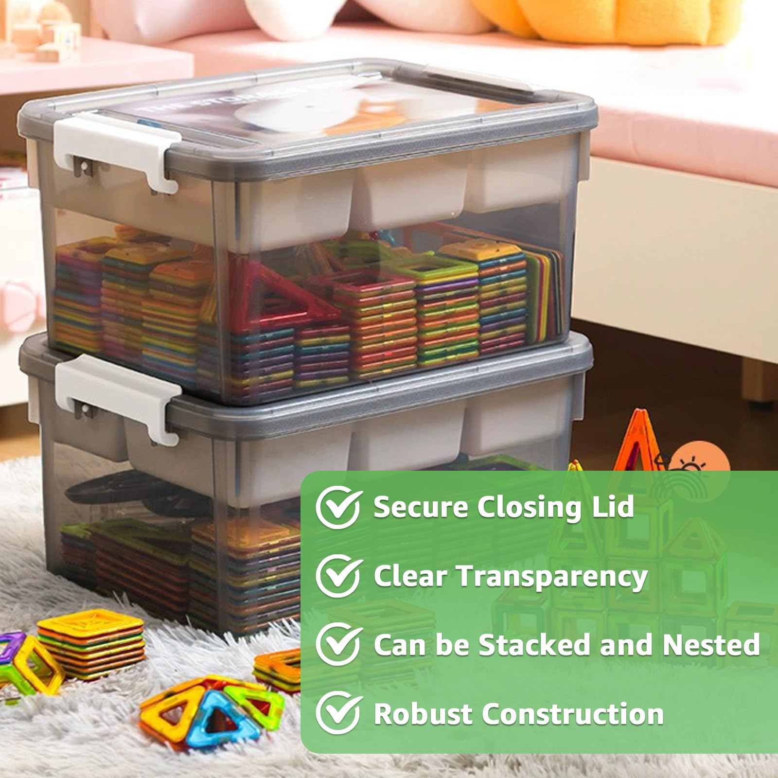 ACXFOND 1PCS Plastic Storage Box with Removable Tray Grey Craft Organizers and Storage 17 QT Storage Containers for Arts and Crafts Supplies, Lego, Stationery, Kids Building Blocks, Sewing Kit