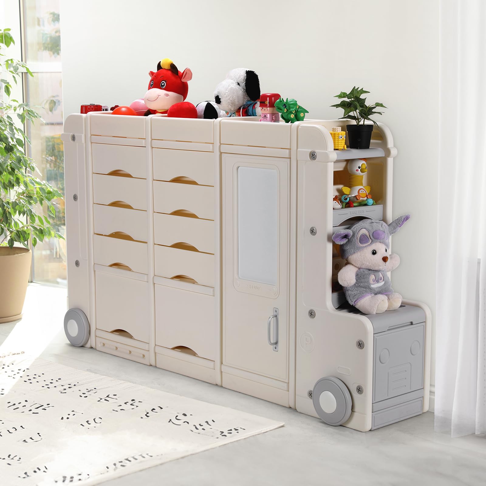 Arlopu Kids Toy Organizers and Storage Bins, Multi-Layer Storage Cabinet Organizer, Multipurpose Bookshelf and Toy Box, 1 Closed Cabinet & 10 Pull-Out Drawer for Playroom, Nursery, Large