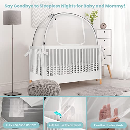 Pro Baby Safety Pop Up Crib Tent, Fine Mesh Crib Netting Cover to Keep Baby from Climbing Out, Prevent Falls and Mosquito Bites, Safety Net Canopy - Sturdy & Stylish Infant Crib Topper