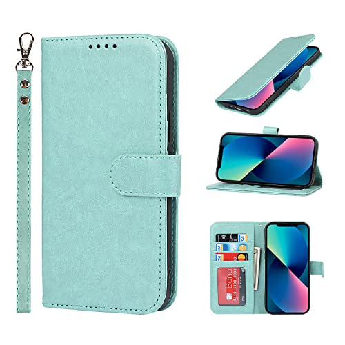 Cavor for iPhone 13 Wallet Case with Card Holder,Protective PU Leather Flip Folio Phone Case[Stand Feature] Wrist Strap [Shockproof TPU] Magnetic Closure Wallet Case-Green